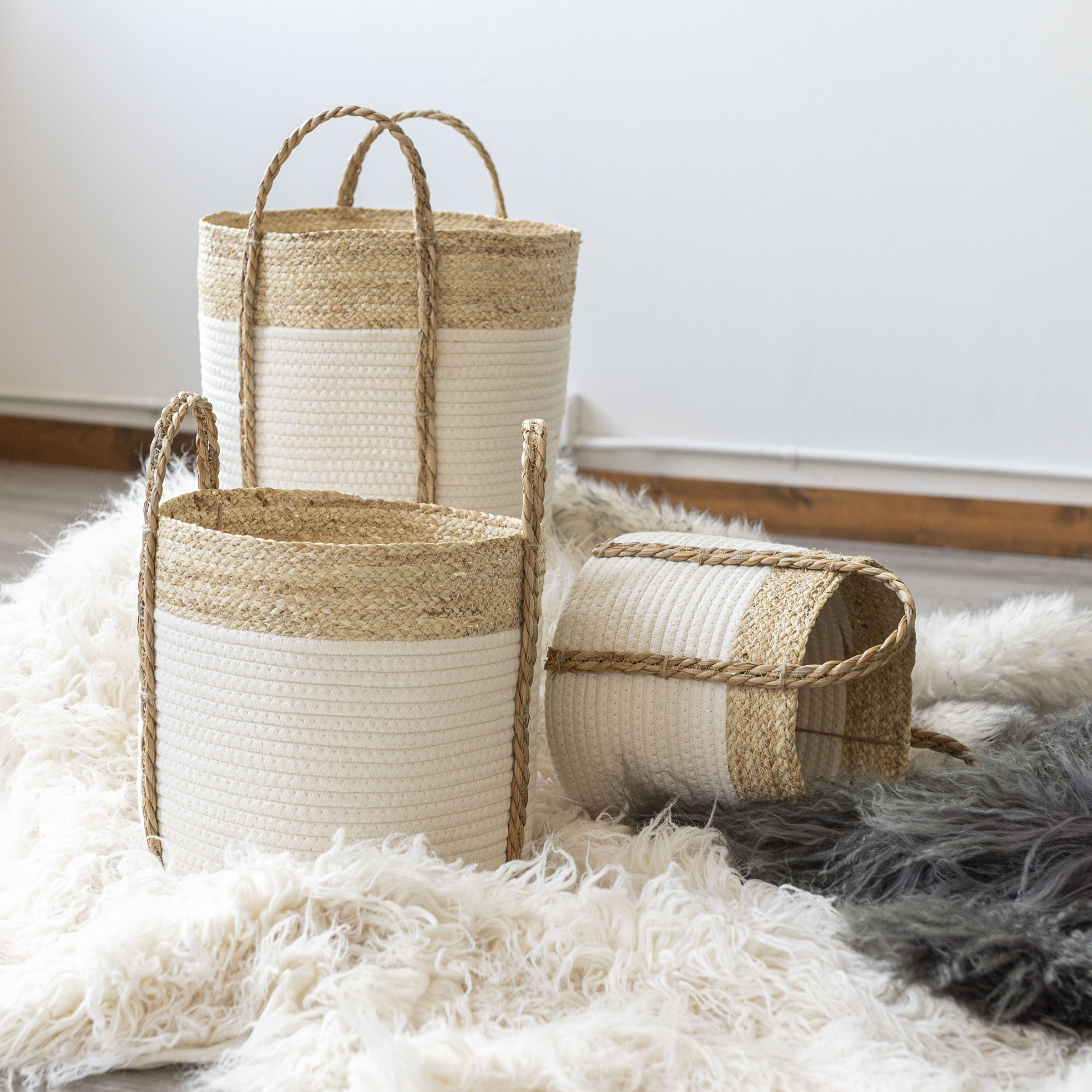 Foreside Home & Garden Set of 3 Baskets White Seagrass & Cotton Rope ...