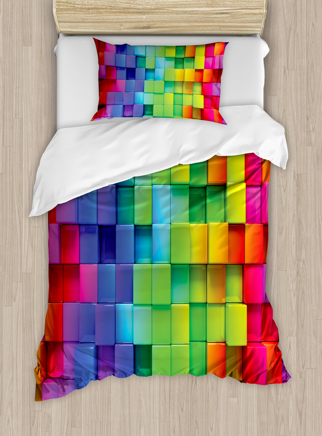 Ambesonne Colorful Home Rainbow Contour Display Futuristic Block Brick ...