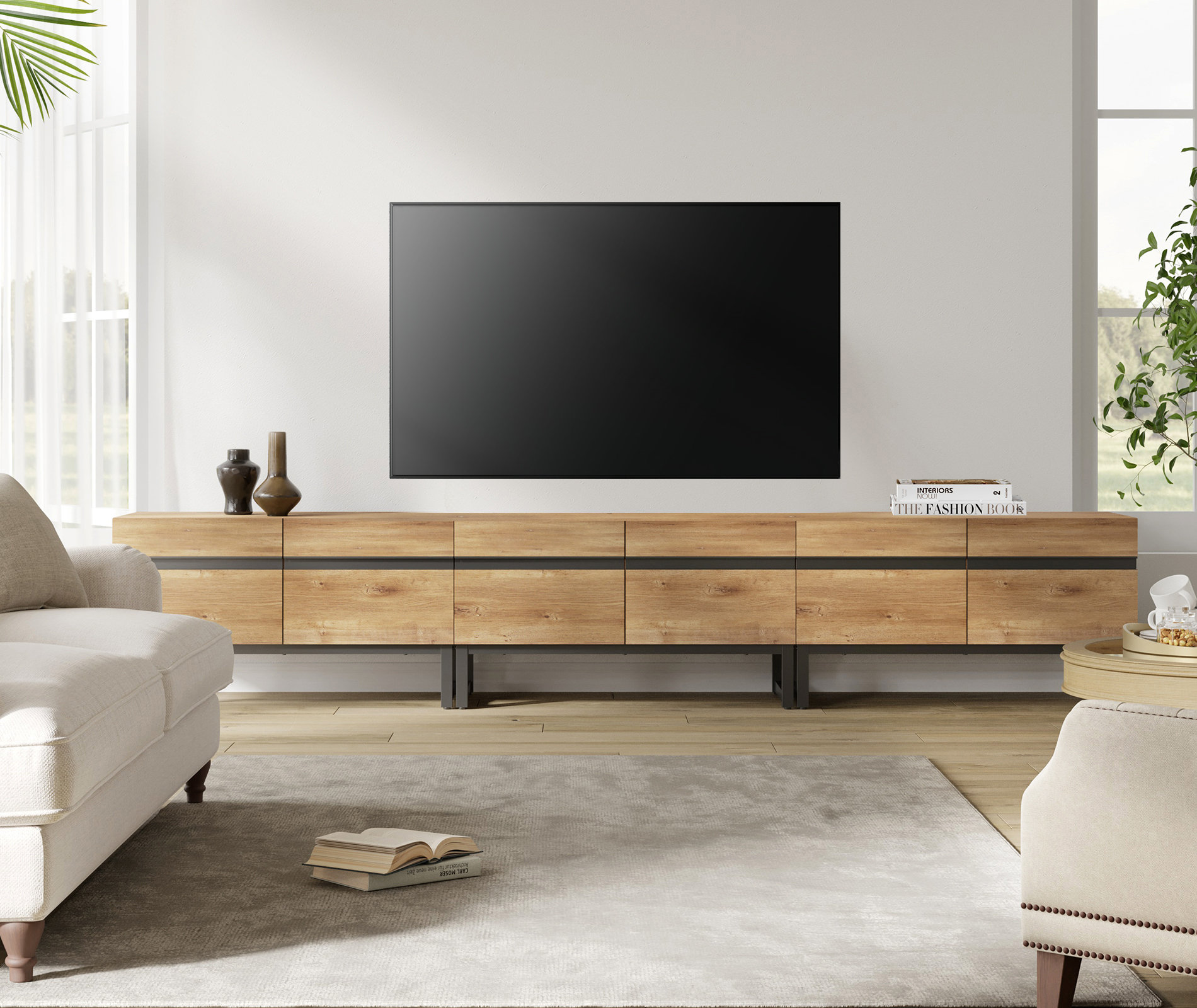 17 Stories Modern Tv Stand With Storage Cabinets For 110 Inch Tv, Wood ...
