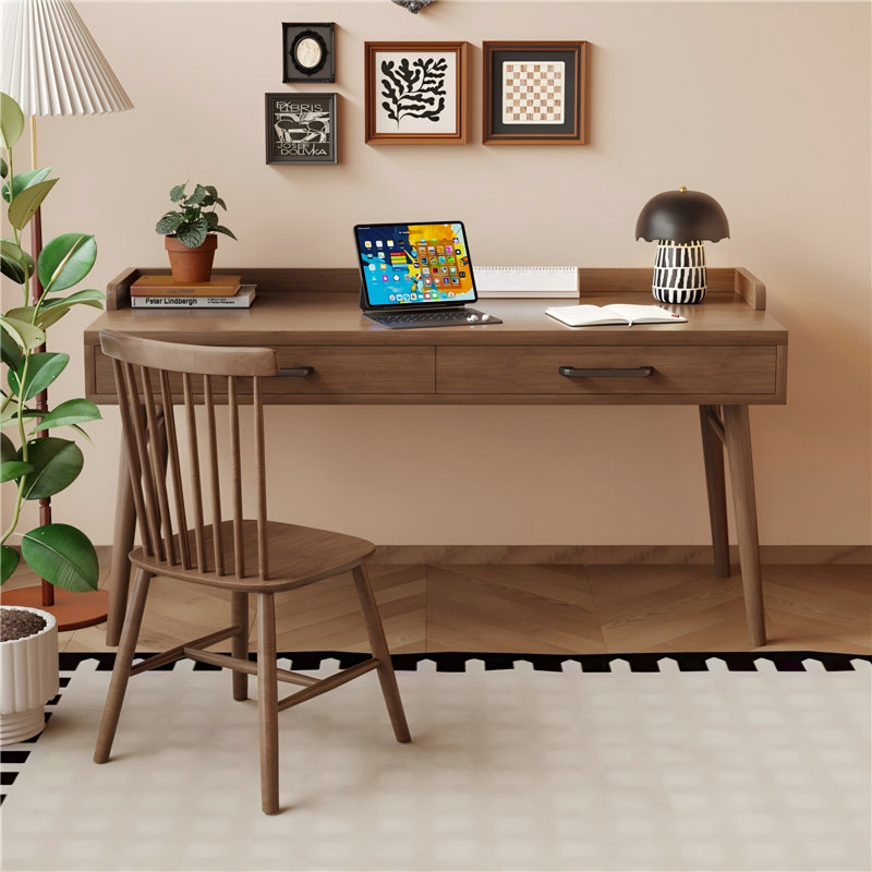 DECADANZ Brown Rectangle Solid Wood Writing Desk And Chair Set | Wayfair