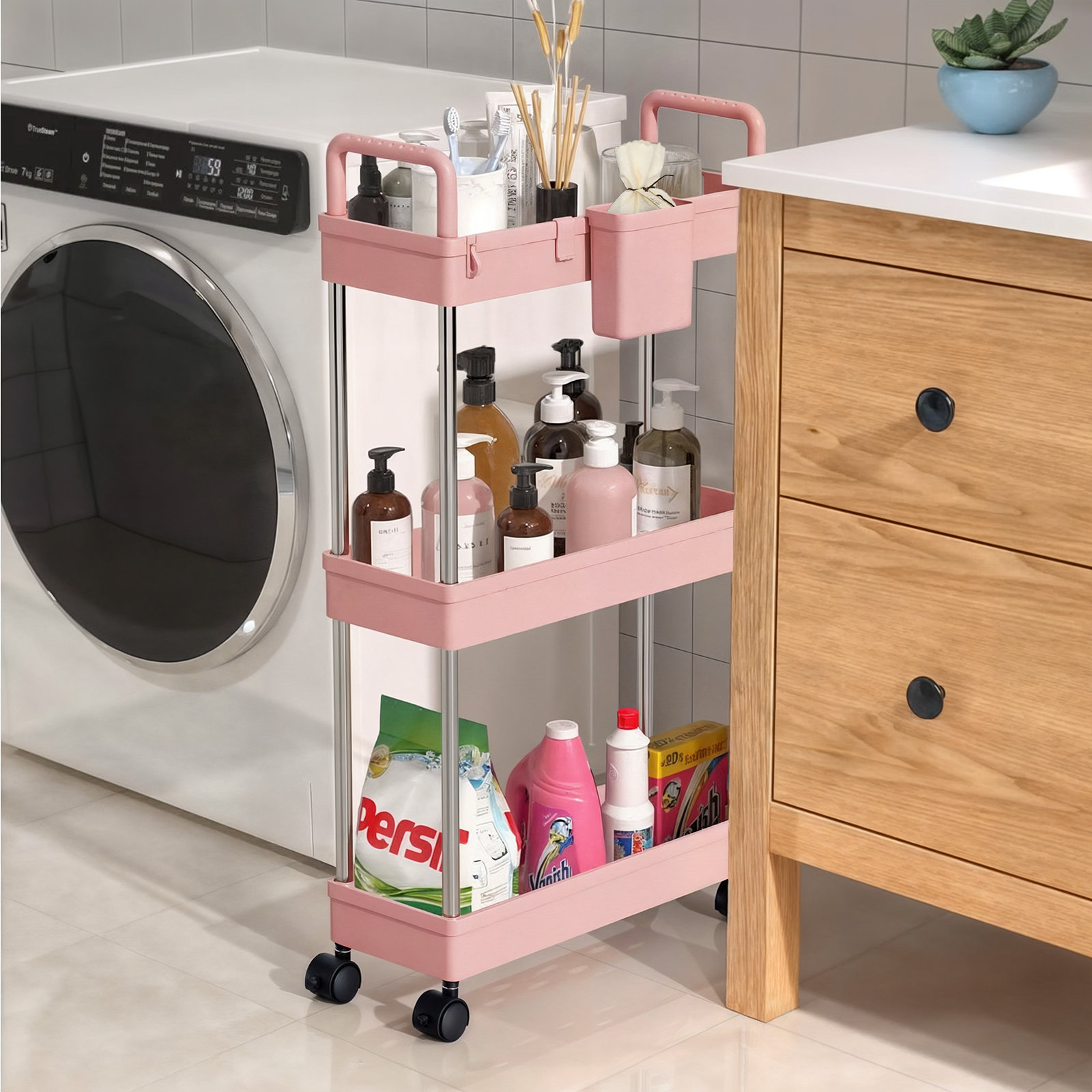 MoNiBloom 3 Tier Slim Rolling Utility Cart, Mobile Shelving Unit ...