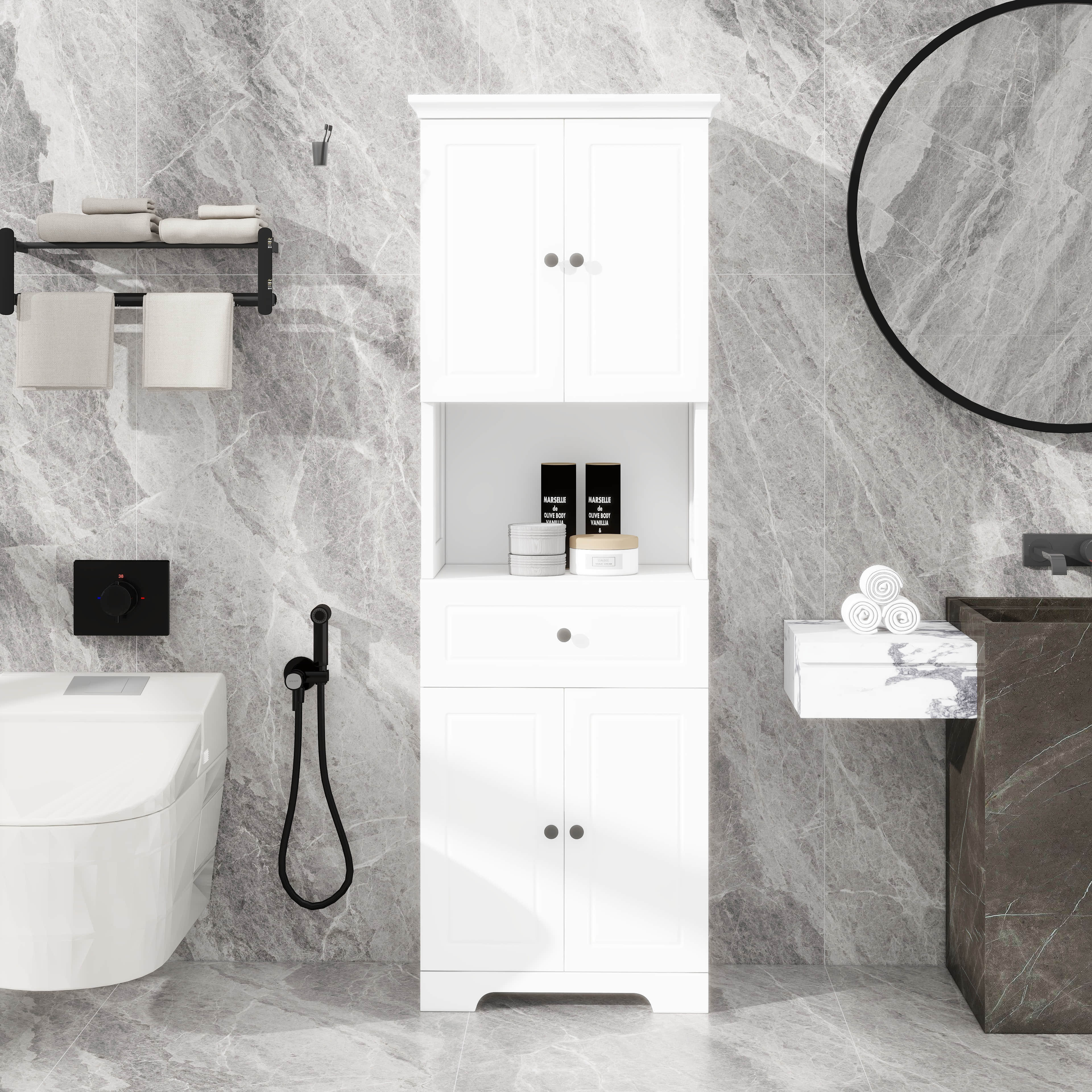 Red Barrel Studio® Tall Bathroom Cabinet With 4 Doors & Open Shelf ...