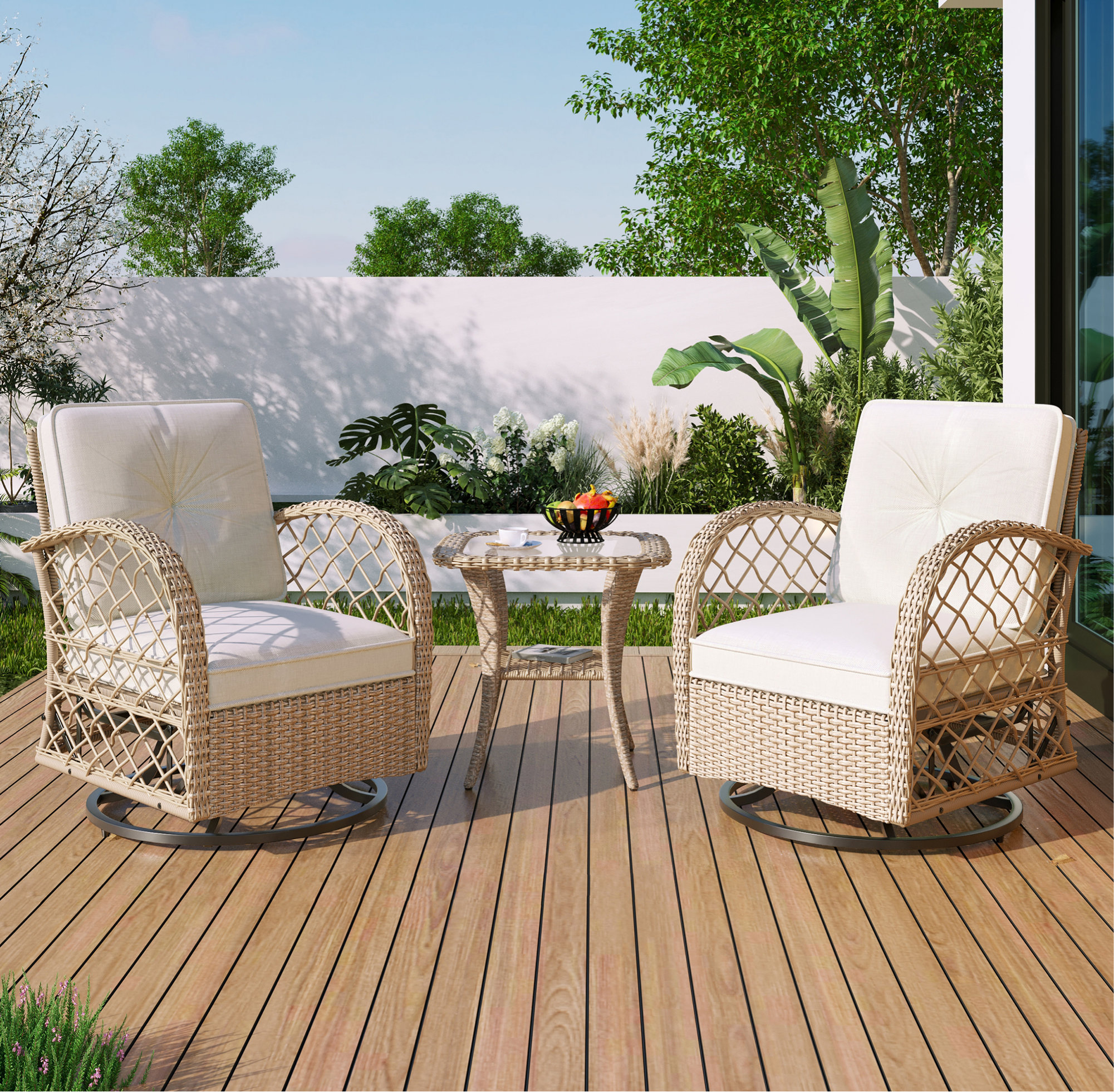 Winston Porter 3-Piece Outdoor Seating Group,Patio Wicker Swivel ...
