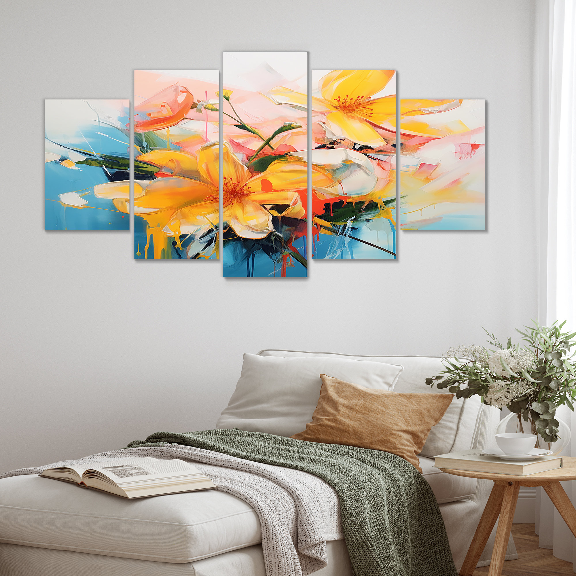 Design Art Abstract Yellow Buttercup On Sky Blue Pink - Buttercups Wall ...