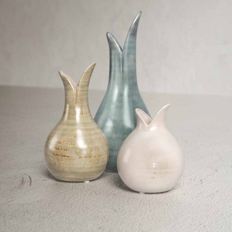 Birch Lane™ Kreger Set of 3 Bud Vases 8"H, 6"H, & 4.25"H in Beige/Blue ...
