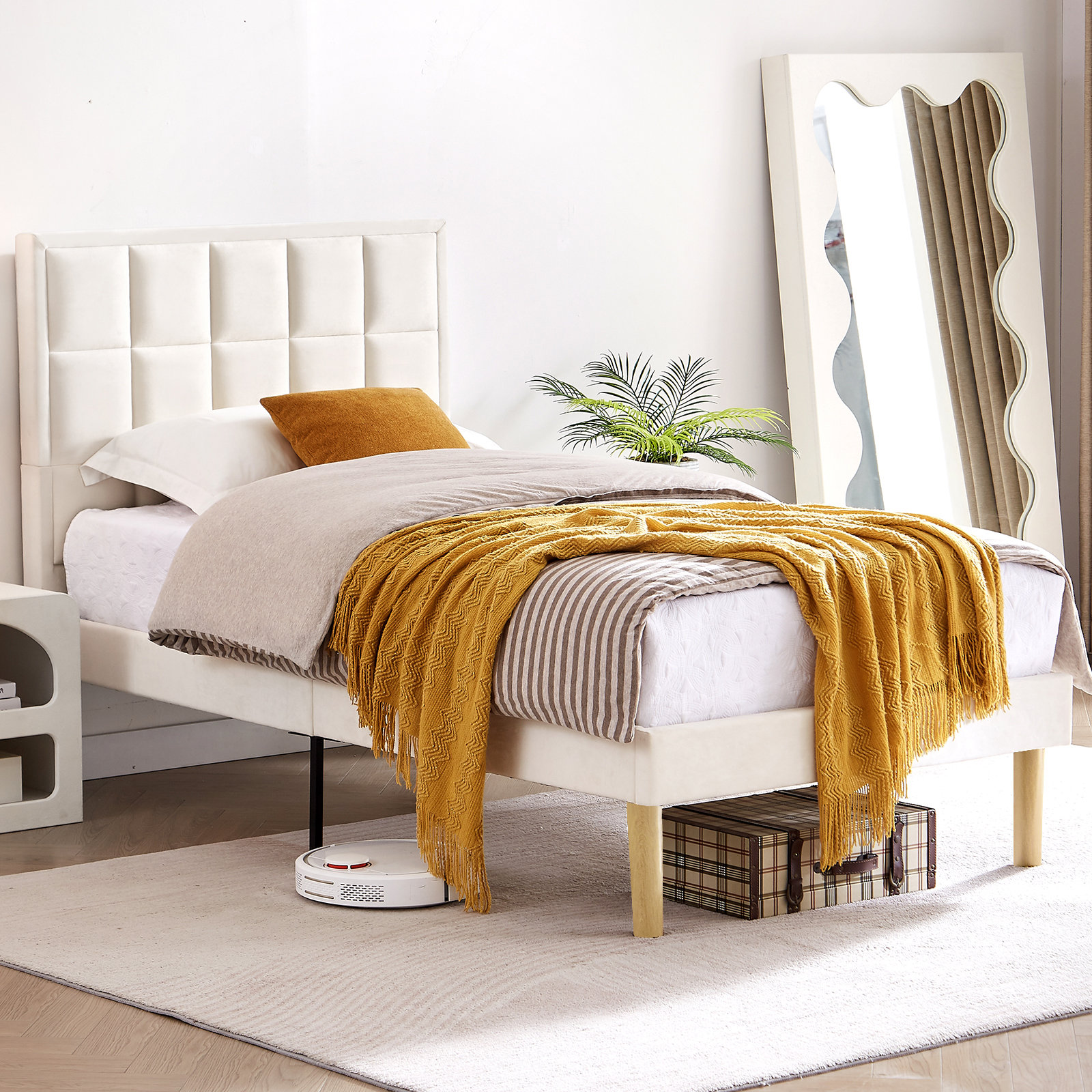Mercer41 Torrick Bed Frame Cozy Velvet Upholstered Bed Frame with ...