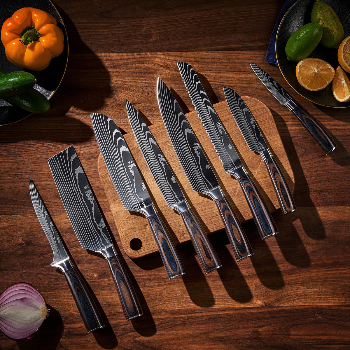 Senken Knives Complete 8-Piece Japanese Kitchen Knife Set With Damascus ...