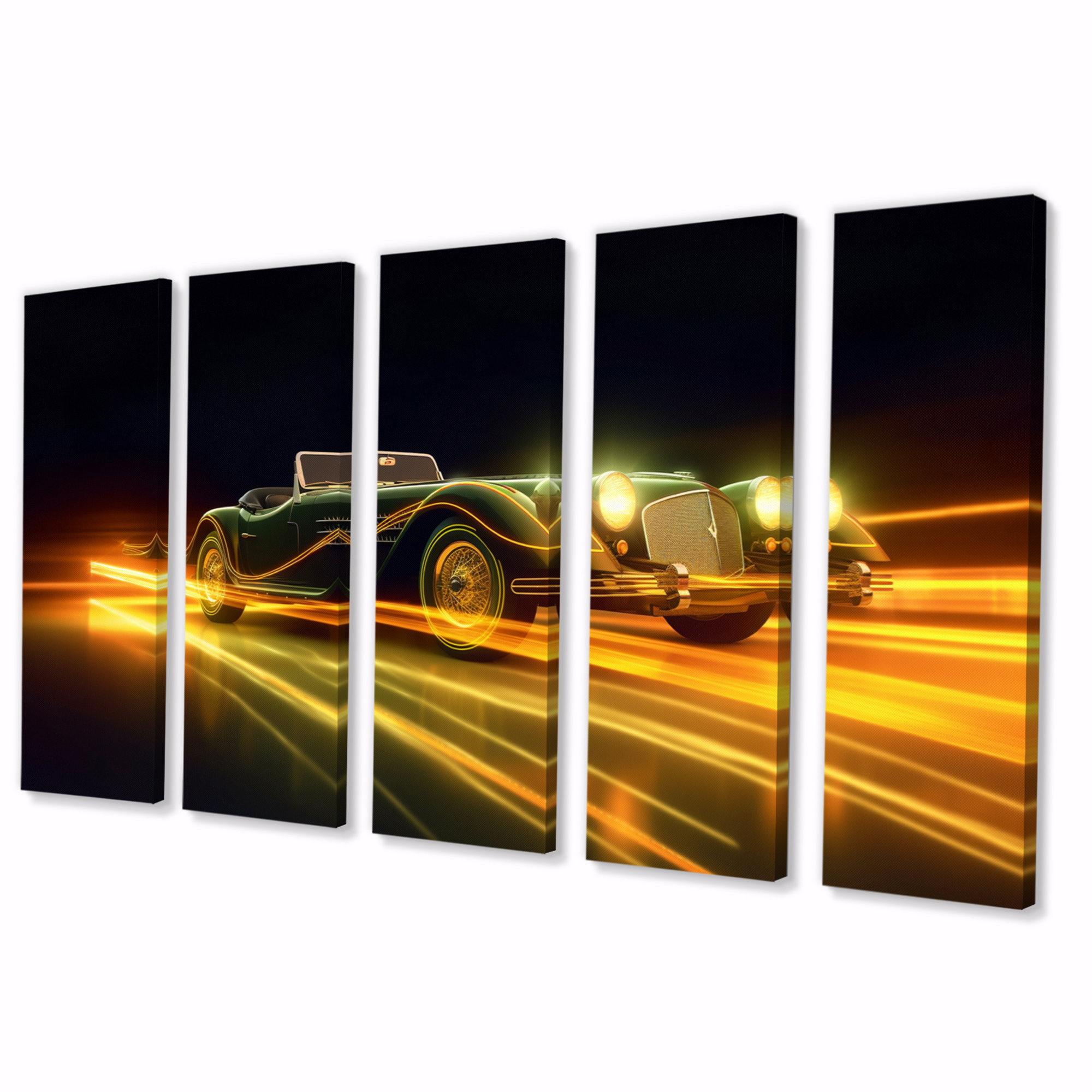 Ebern Designs Yellow Neon Classic Car - Neon Car Wall Decor - 5 Equal ...