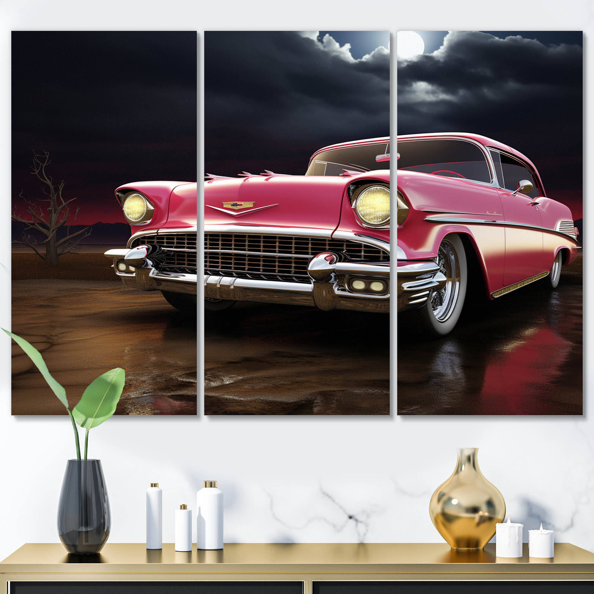Design Art Elegant Design Of Red Vintage Car 1950S I - Retro Car Canvas ...