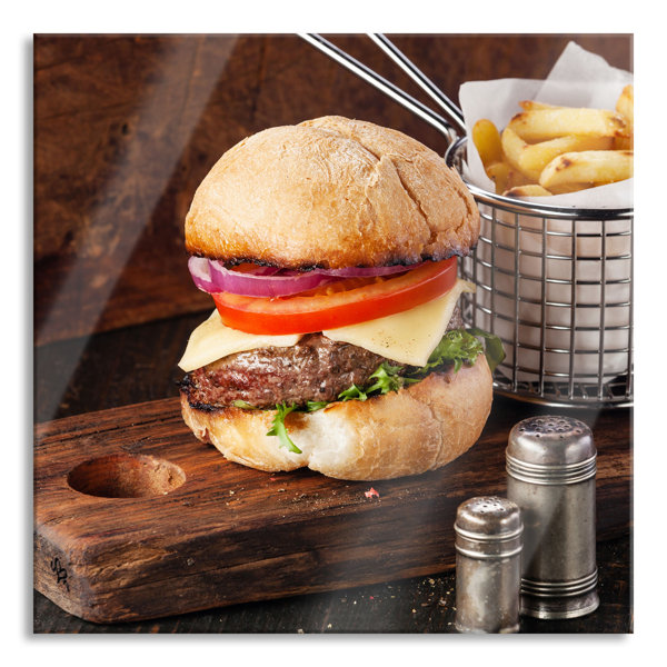Brayden Studio Cheeseburger With Chips - No Frame Print on Glass ...