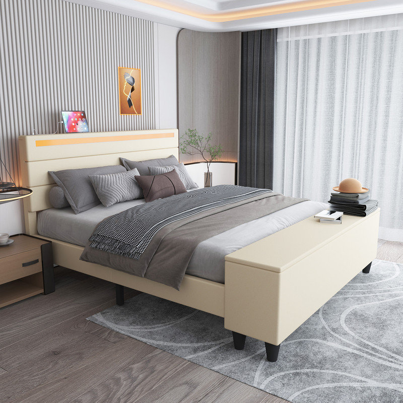 Ivy Bronx Bed Frame with Ottoman, Upholstered Headboard with LED Lights ...