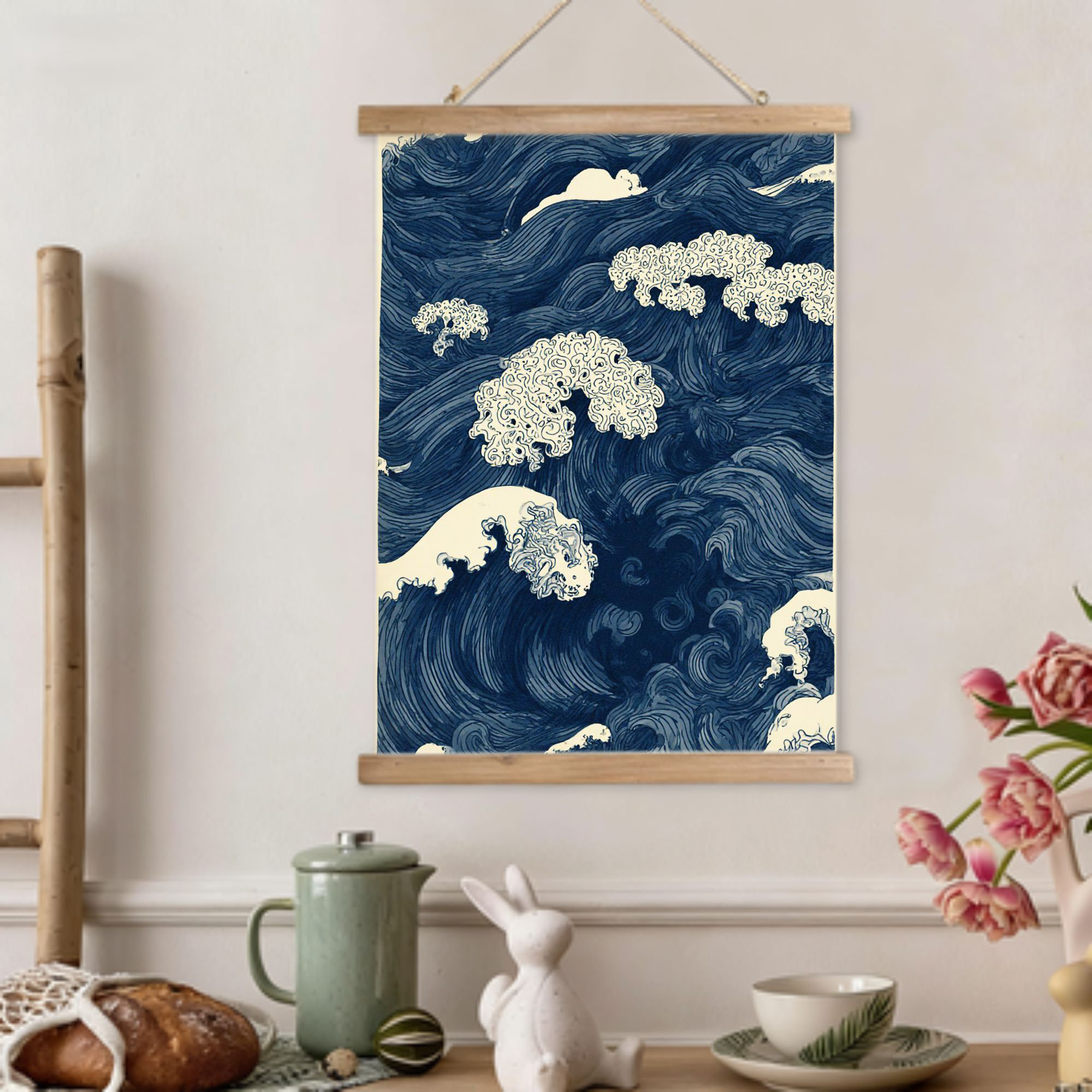 Breakwater Bay Stylized Ocean Waves, Hanging Scroll Wall Art, Built-In ...