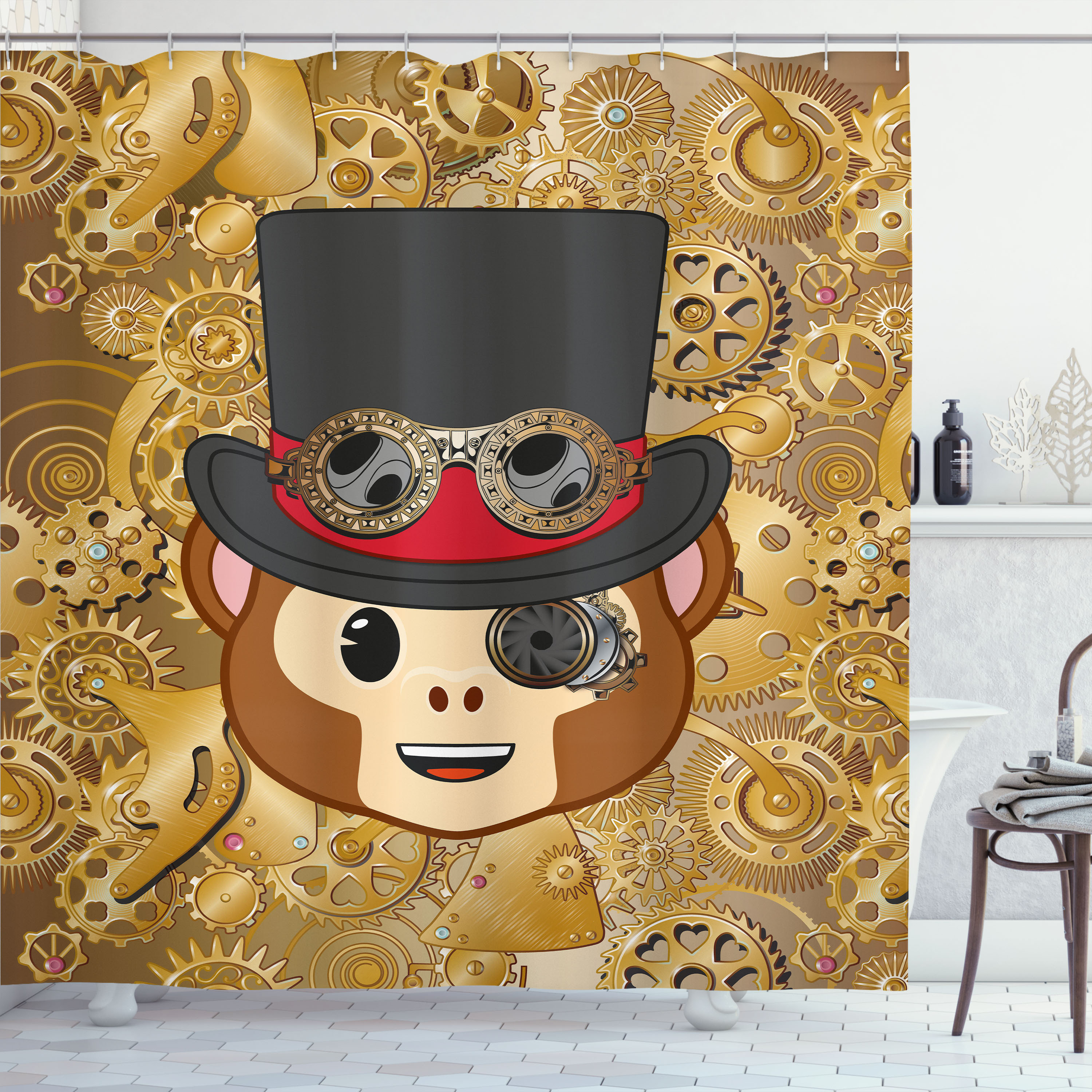 Ambesonne Monkey Emoji Shower Curtain Steampunk Animal Art Dark Mustard ...