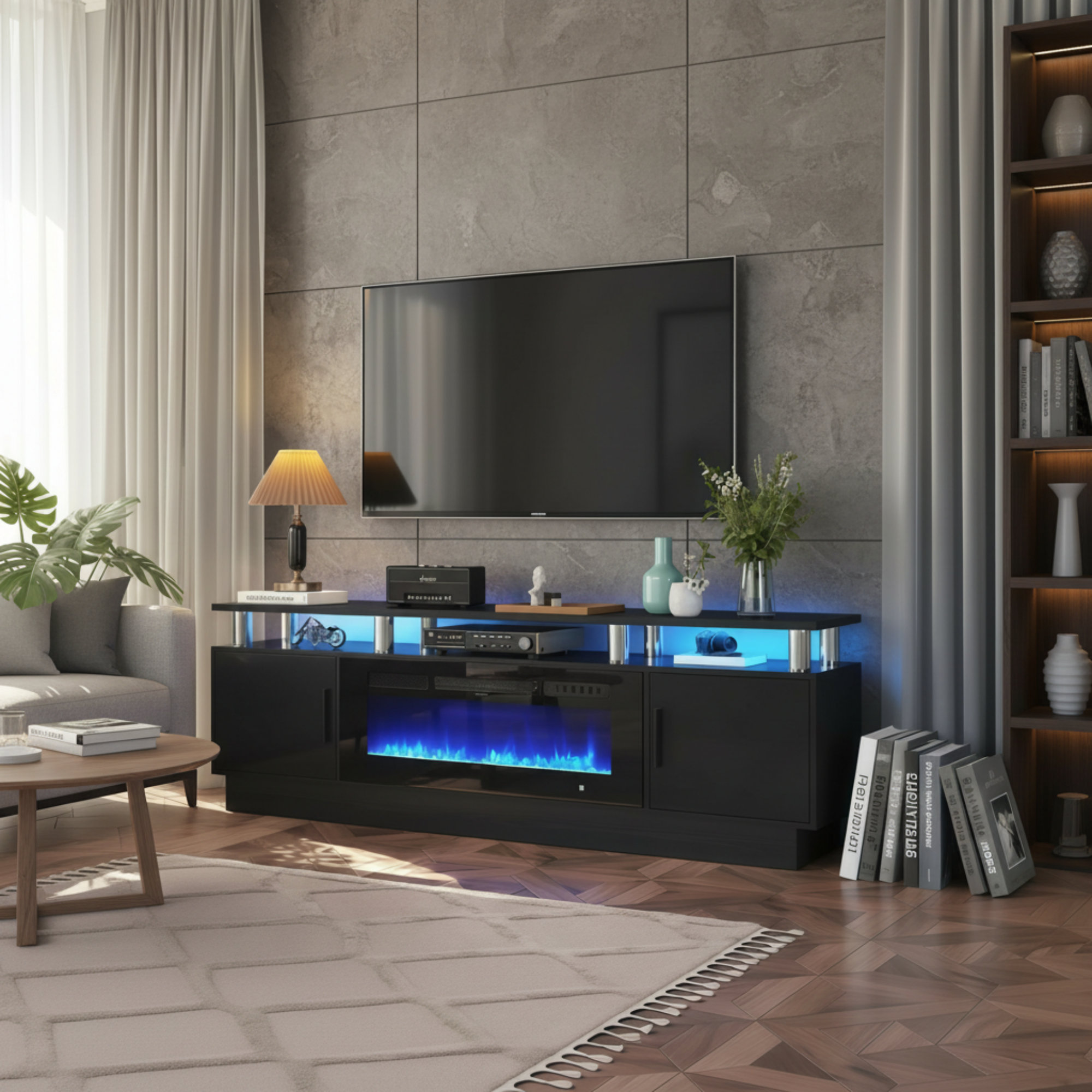 Latitude Run® All-Black 70-Inch TV Cabinet With Shelving And Storage ...