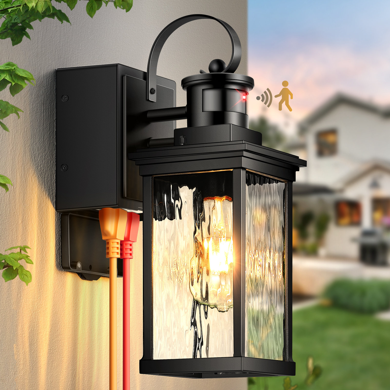 OPAXIS Outdoor Porch Light with GFCI Outlet, Black Motion Sensor ...