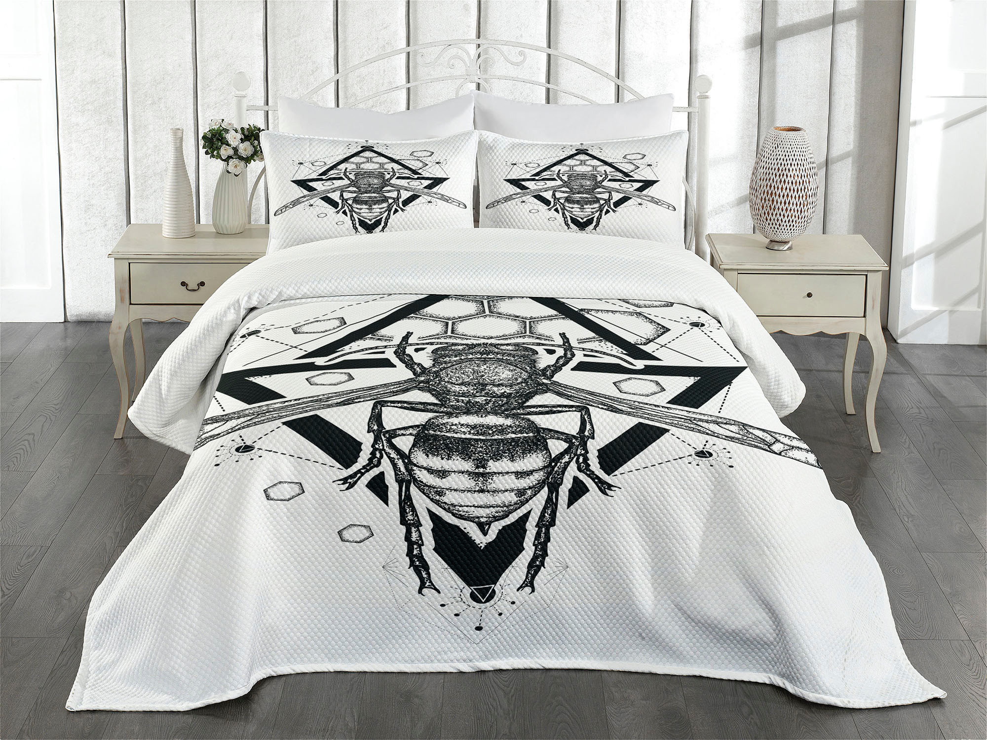 Ambesonne Bee Bedspread Set Beehive Pattern Bug Black White | Wayfair