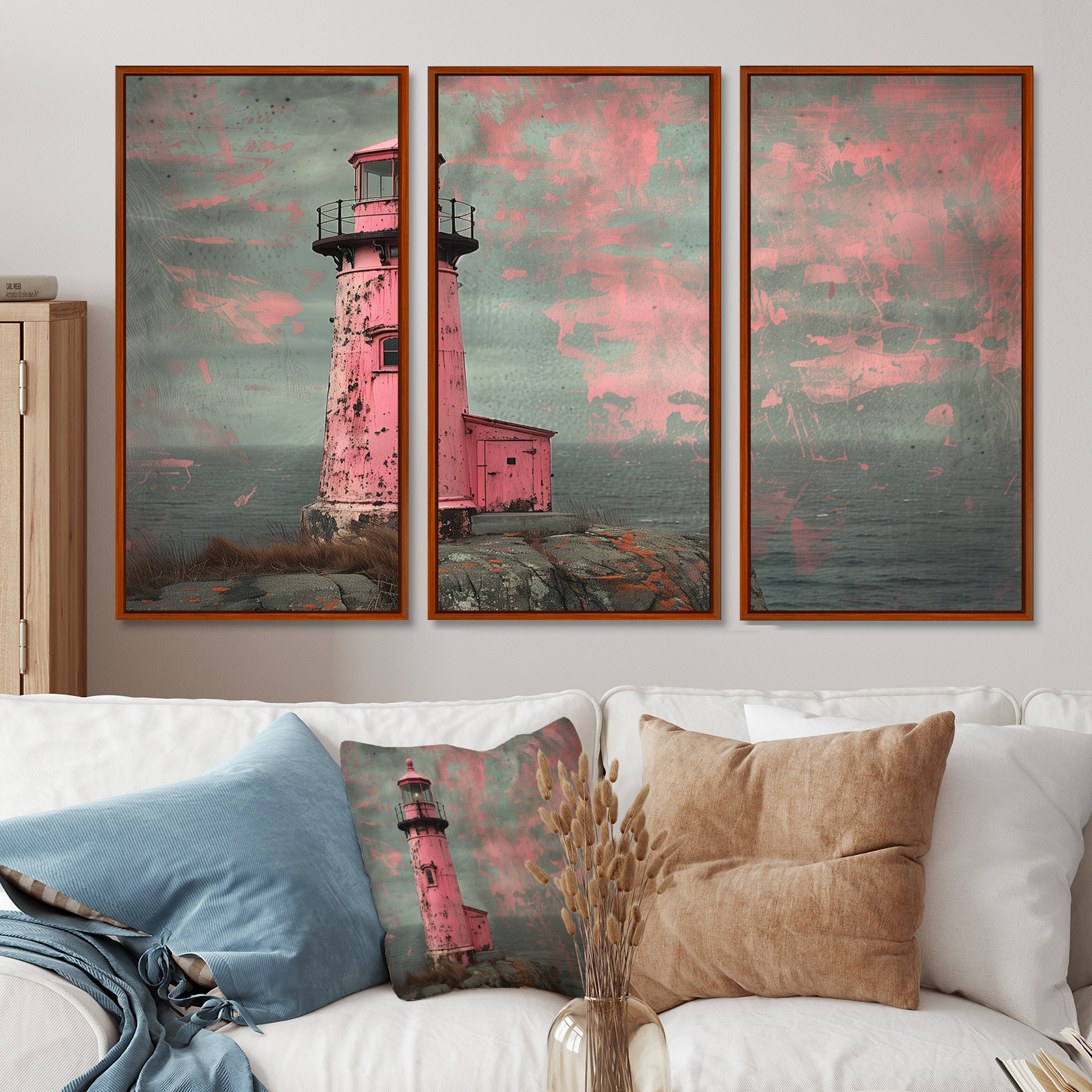 Design Art Pink Grey Vintage Lighthouse Cliff - Lighthouses Wall Art ...