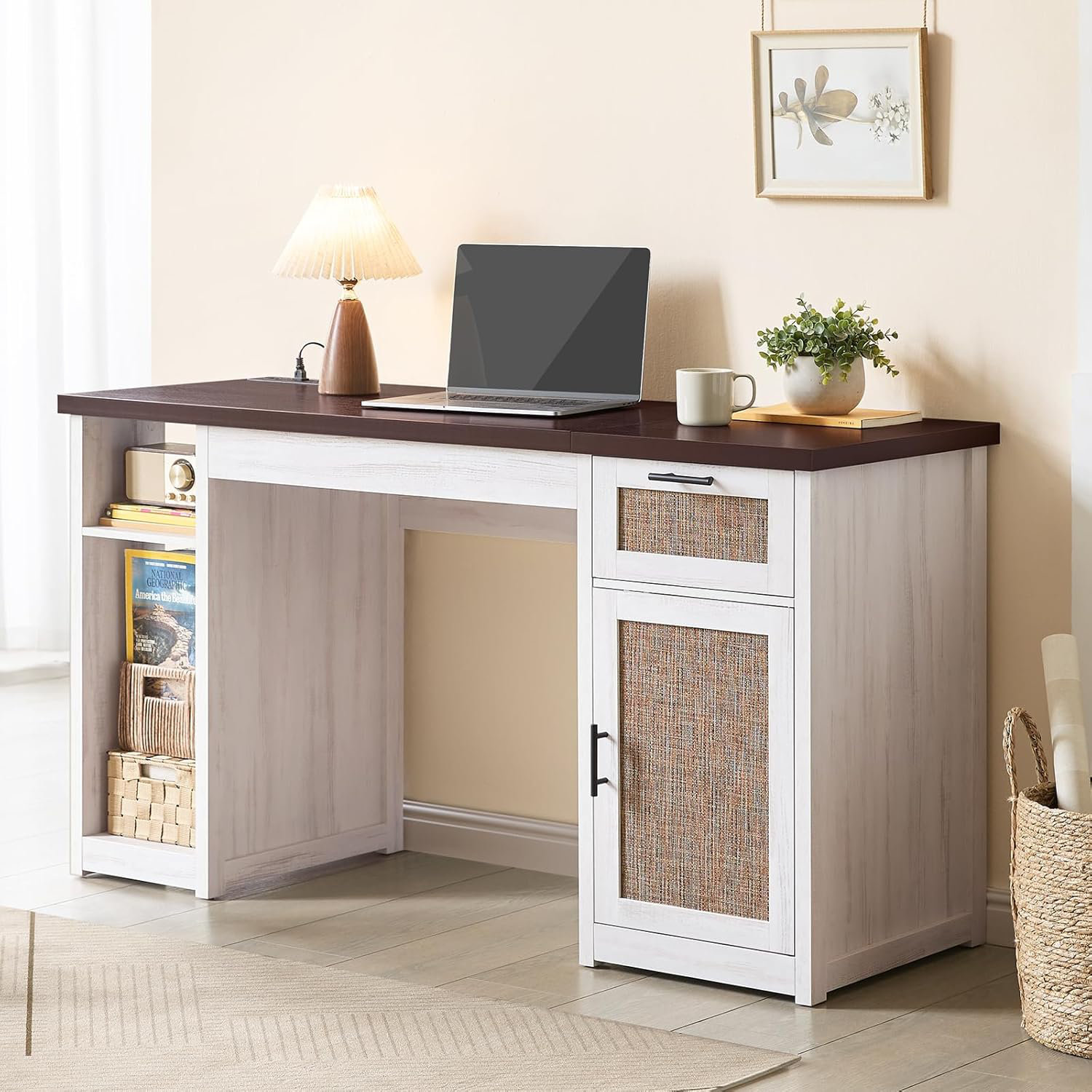 Bay Isle Home™ 55.1" Computer Desk With Drawer, Rattan Home Office ...