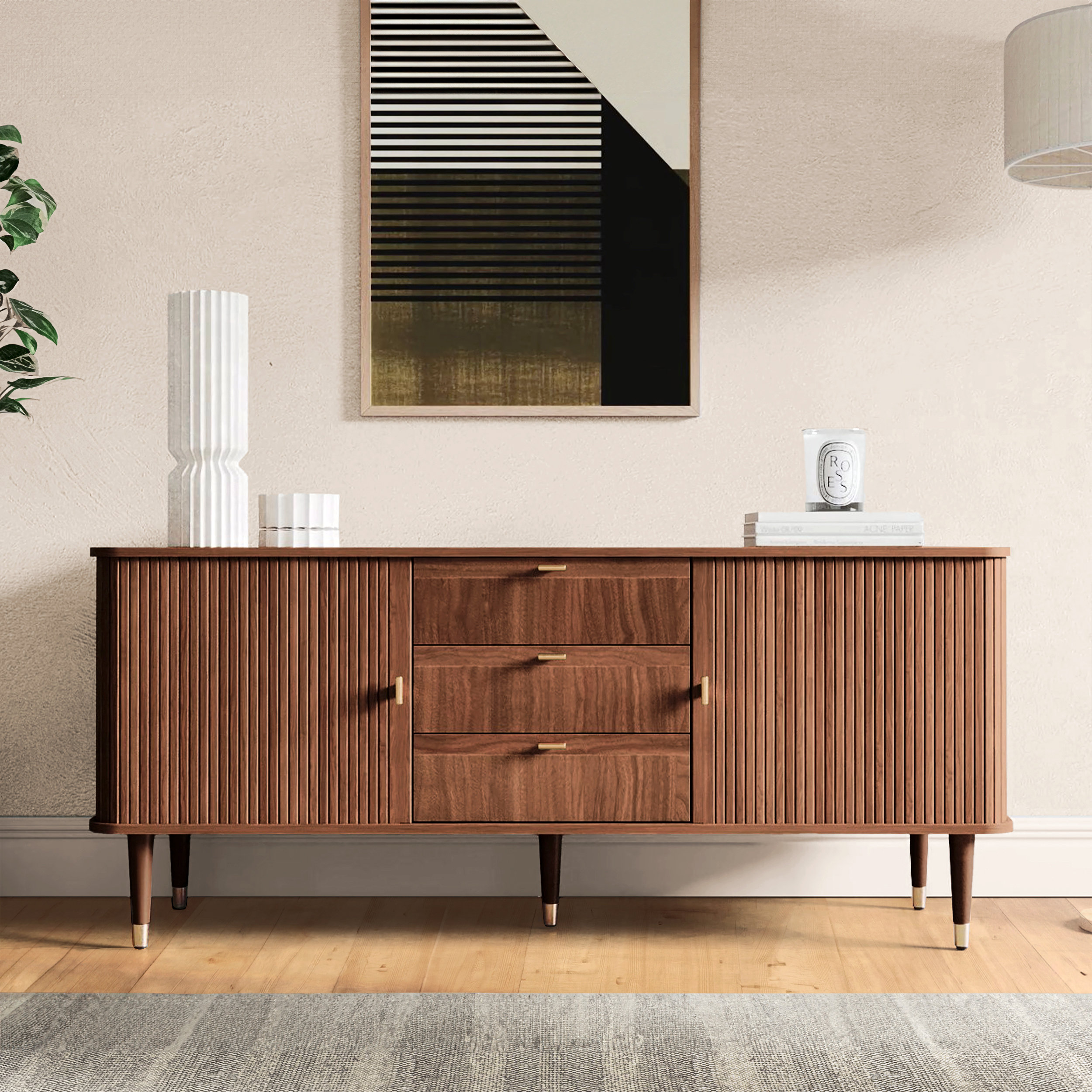 Corrigan Studio Mandea 63" Wood Sideboard with 3 Drawer Mid Century ...