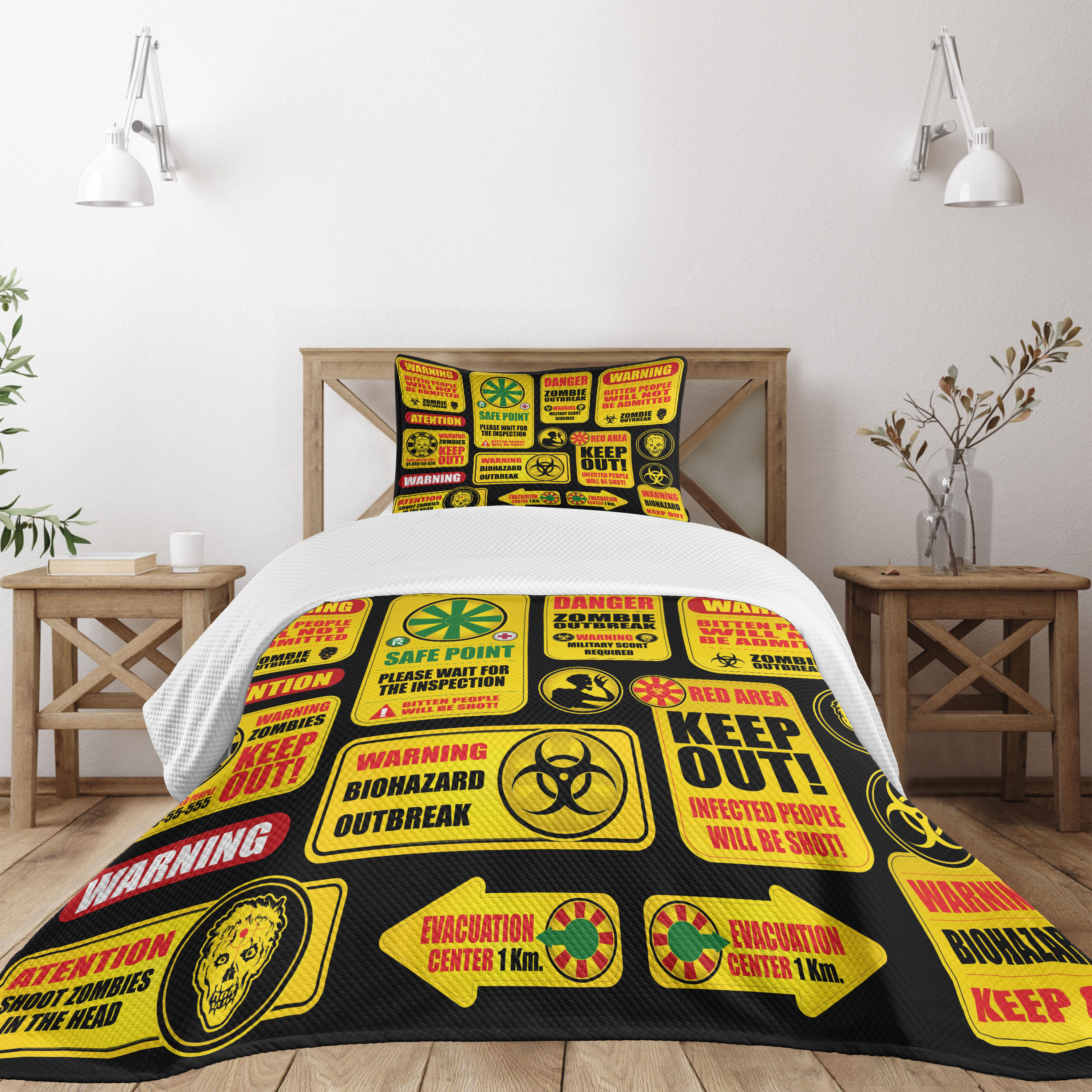Ambesonne Zombie Bedspread Set Apocalypse Signs Yellow Grey Red | Wayfair