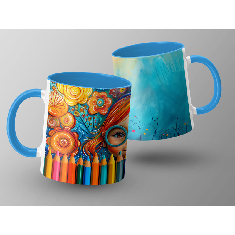 East Urban Home Set of 3 Kids Drawing Style 11oz Accent Mugs – White ...