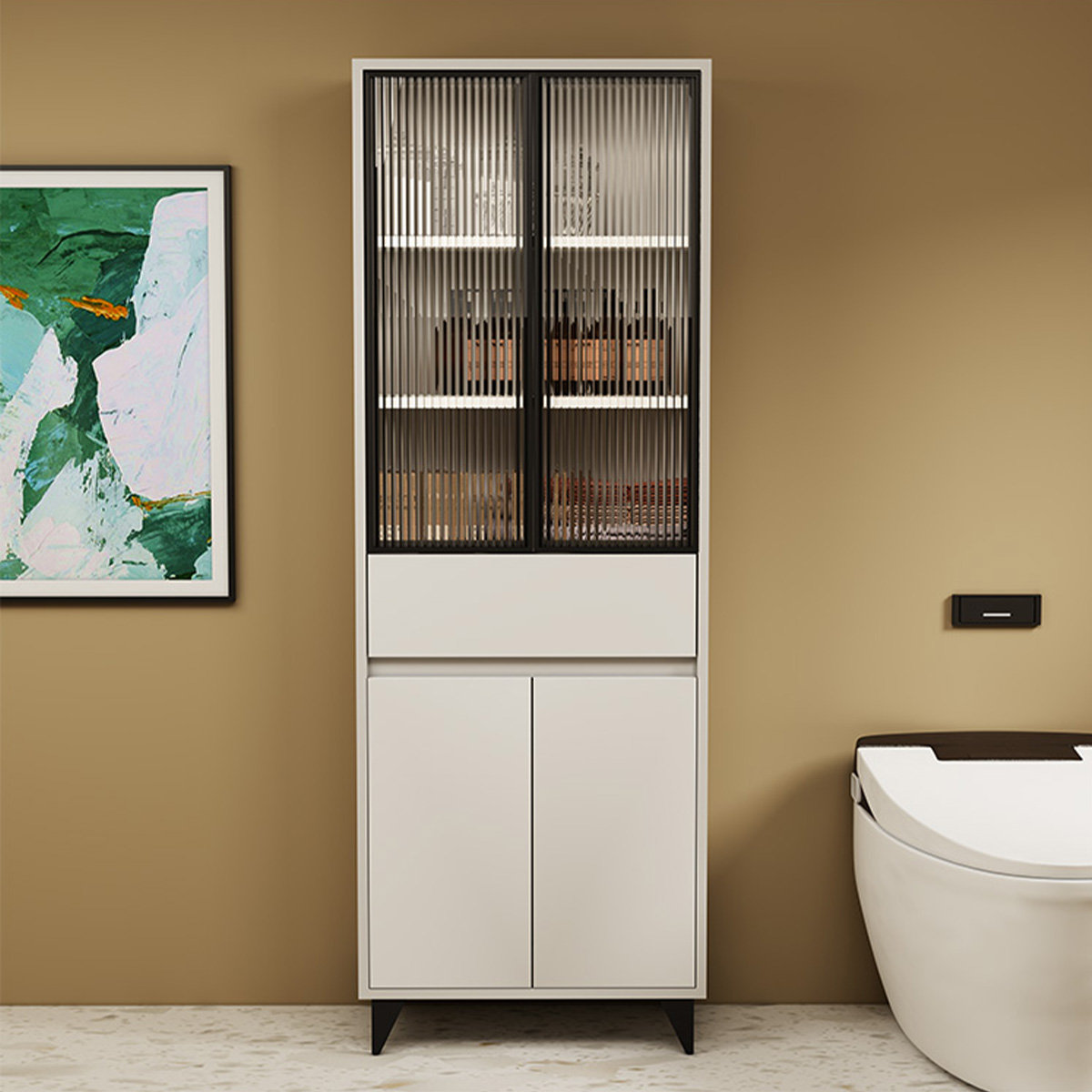 EliteFurnishings Elegant Bathroom Tall Cabinet: Slatted Glass Accent ...