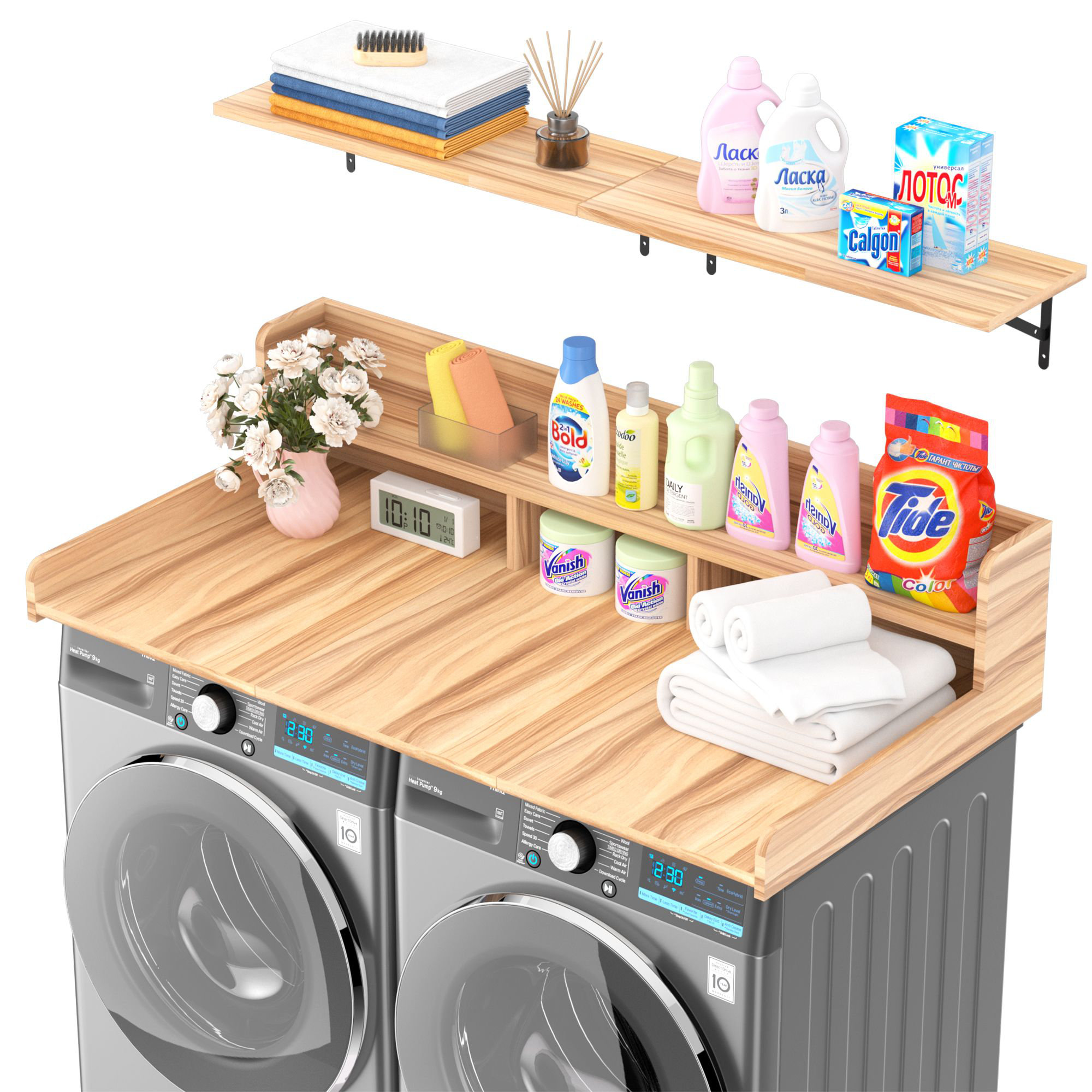 Advwin Waterproof Wooden Washer Dryer Countertop with Wall Shelves Set ...