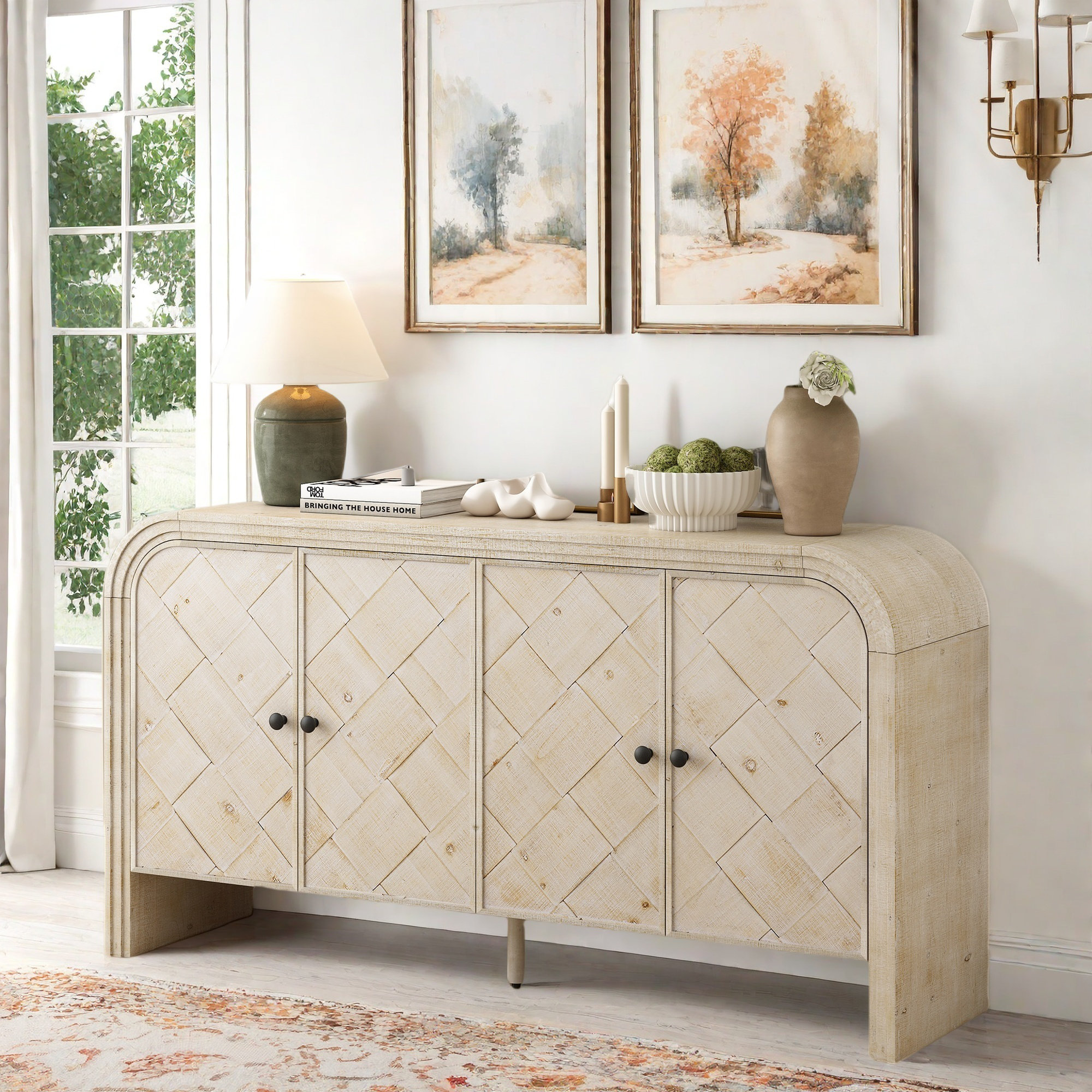 Ebern Designs Multi-functional Sideboard With Handwoven Wood Slat Doors, Tiered Stepped Design ...
