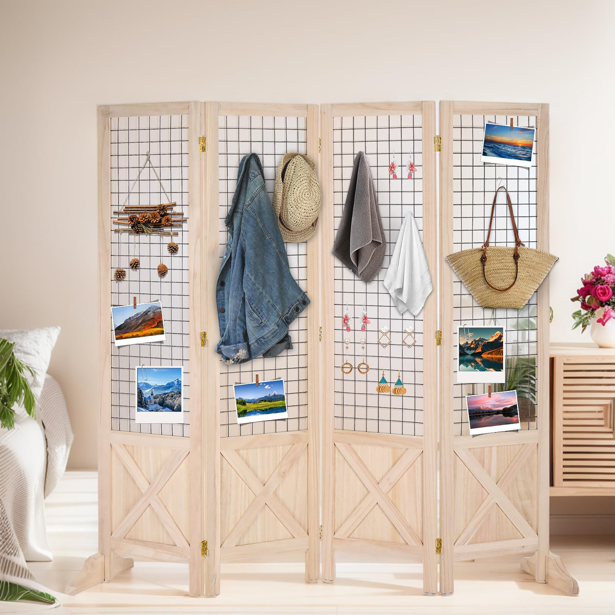 Gracie Oaks Room Divider Freestanding Gridwall, 4 Panel Folding Display ...