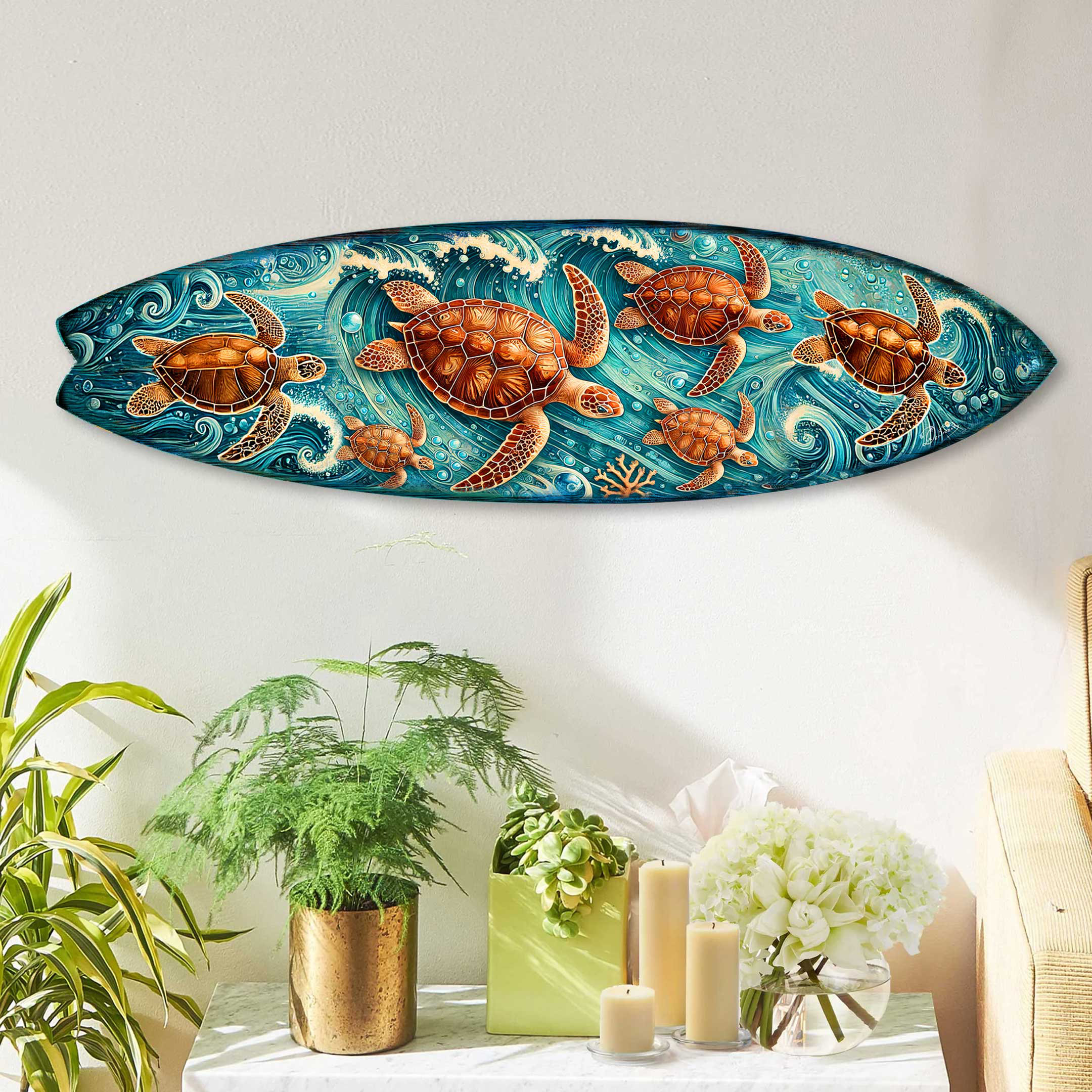 Beachcrest Home Sea Turtle Surfboard Coastal Wall Art - Handcrafted ...