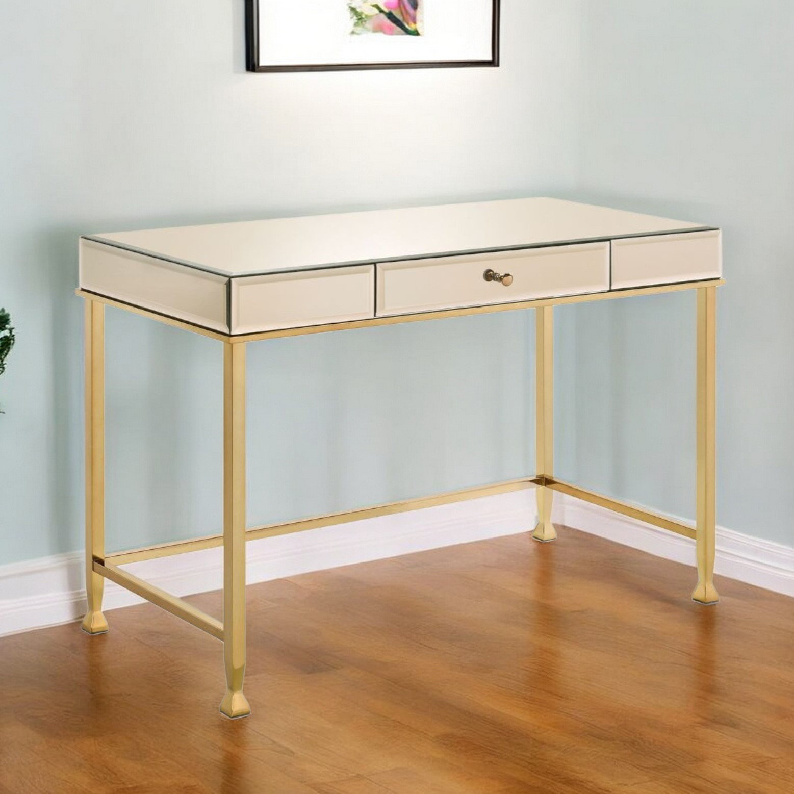 HomeRoots 42" White and Gold Mirrored Writing Desk | Wayfair
