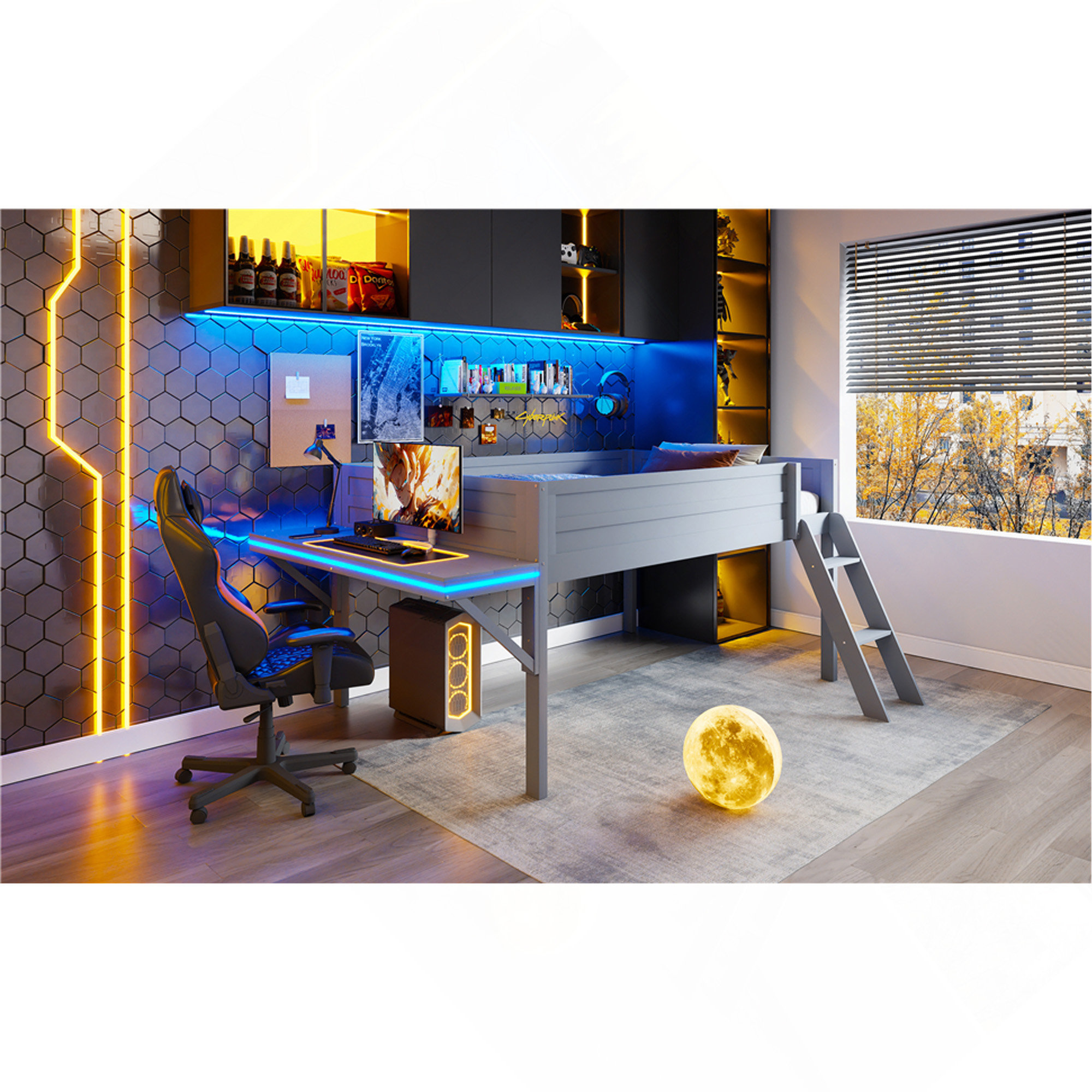 Latitude Run® Wood Full Size Gaming Loft Bed With Desk And LED ...