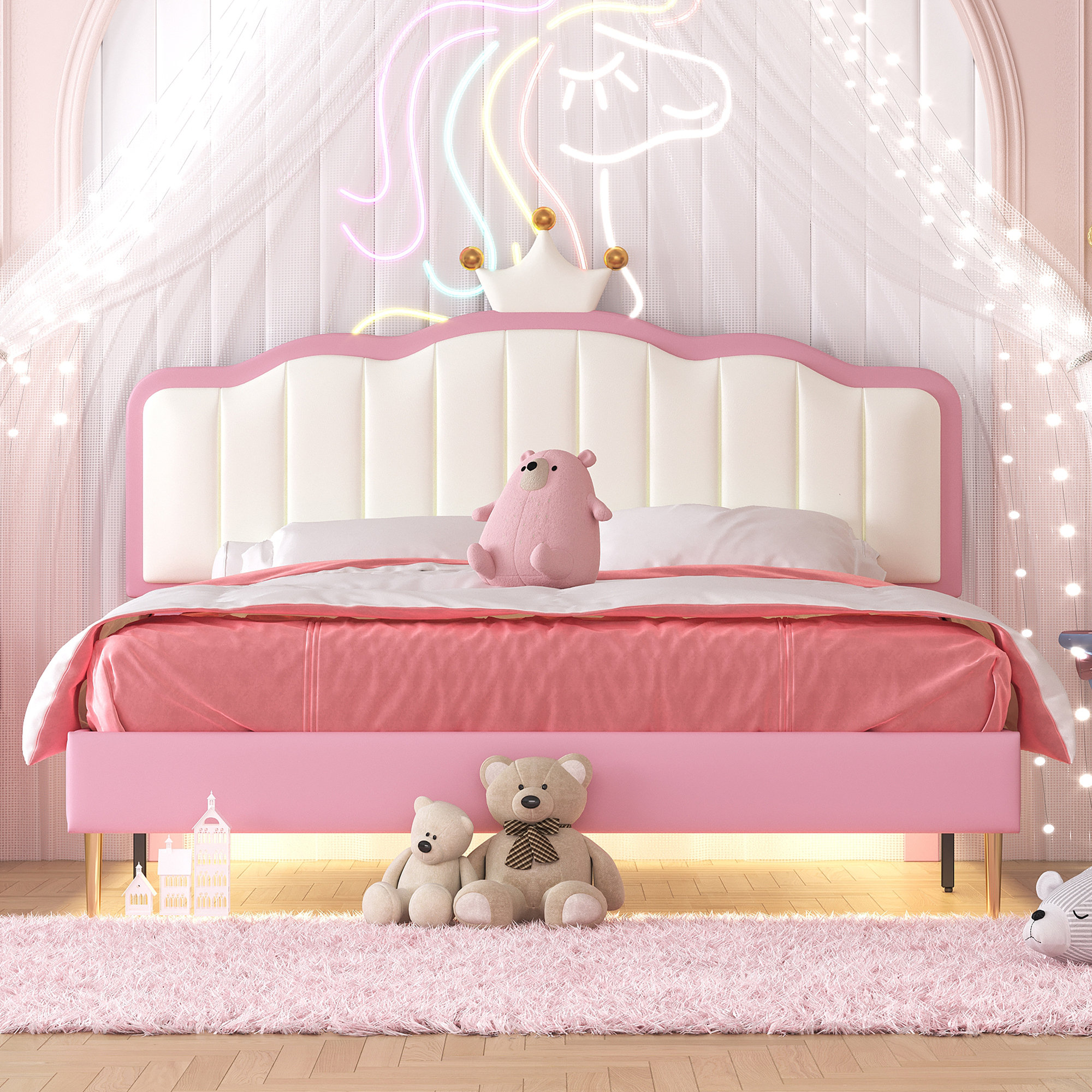 Gemma Violet Upholstered Princess Bed with Crown Headboard and Light ...