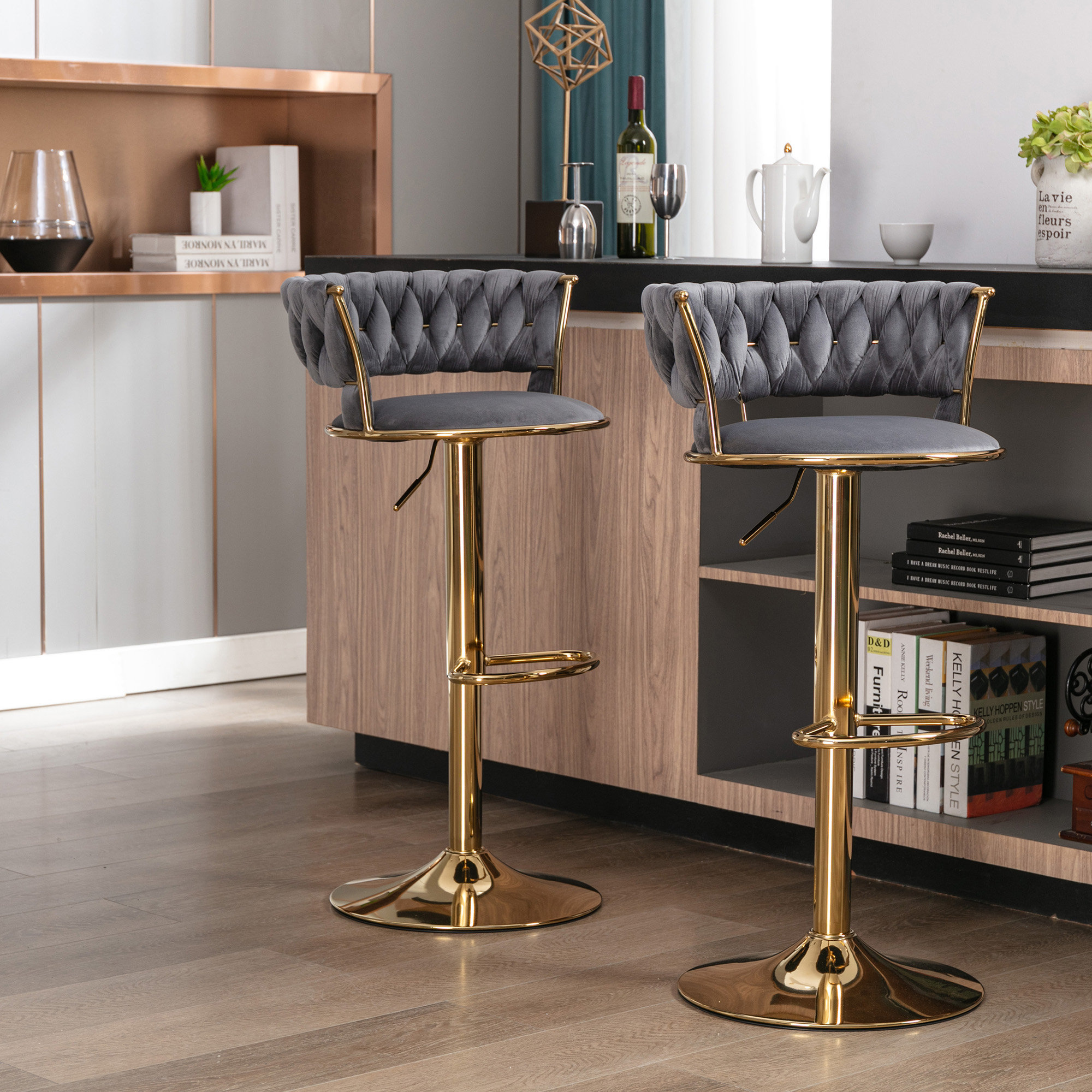 Mercer41 Set Of 2 Bar Stools,With Footrest And Base Swivel Height ...