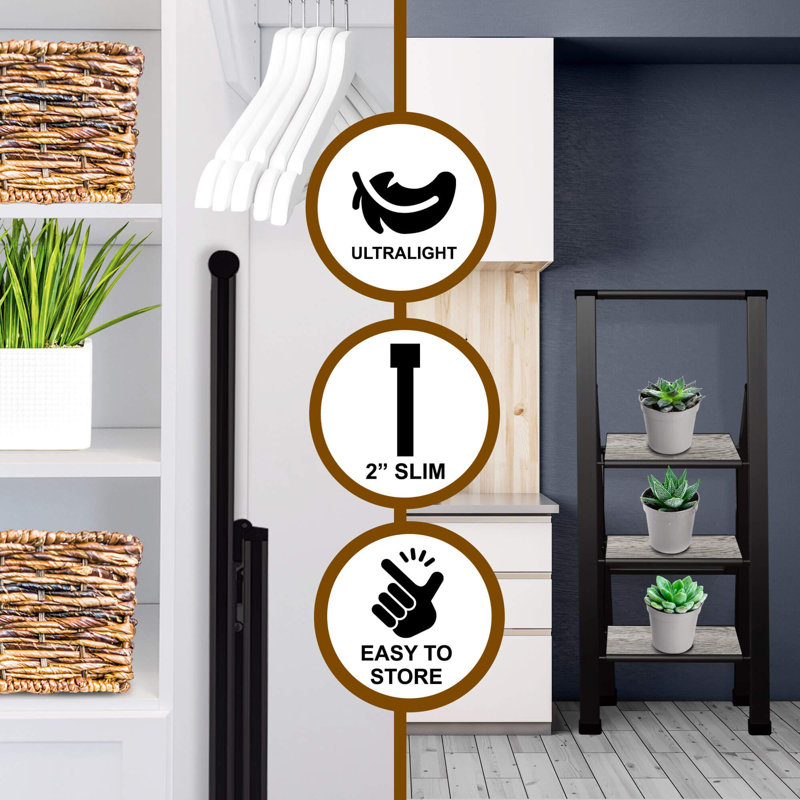 Sorfey Premium 3 Step Modern Gray Wood Ladder. Lightweight, Ultra Slim ...