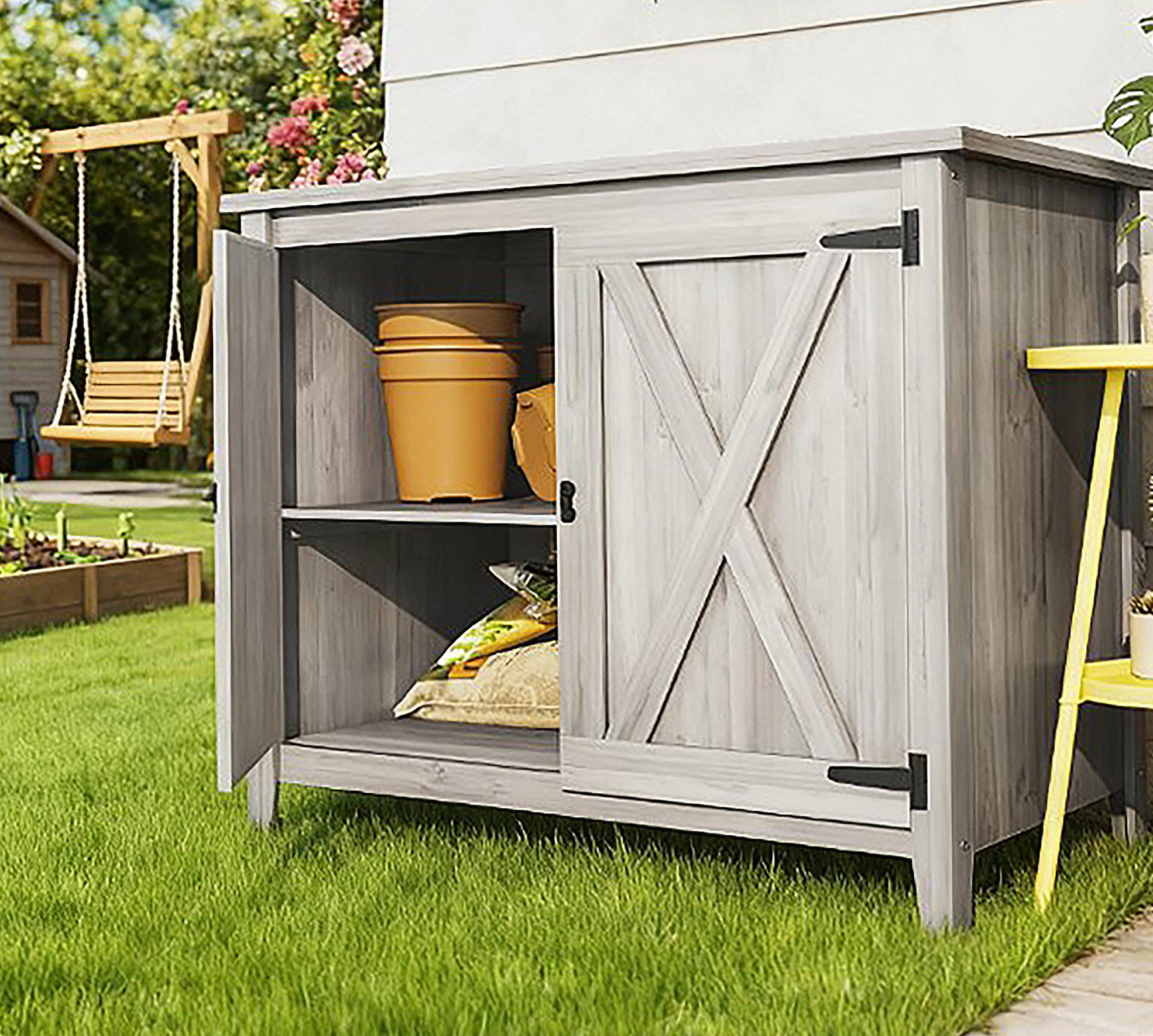 Latitude Run® Outdoor Wooden Storage Cabinet With Shelf And Double ...