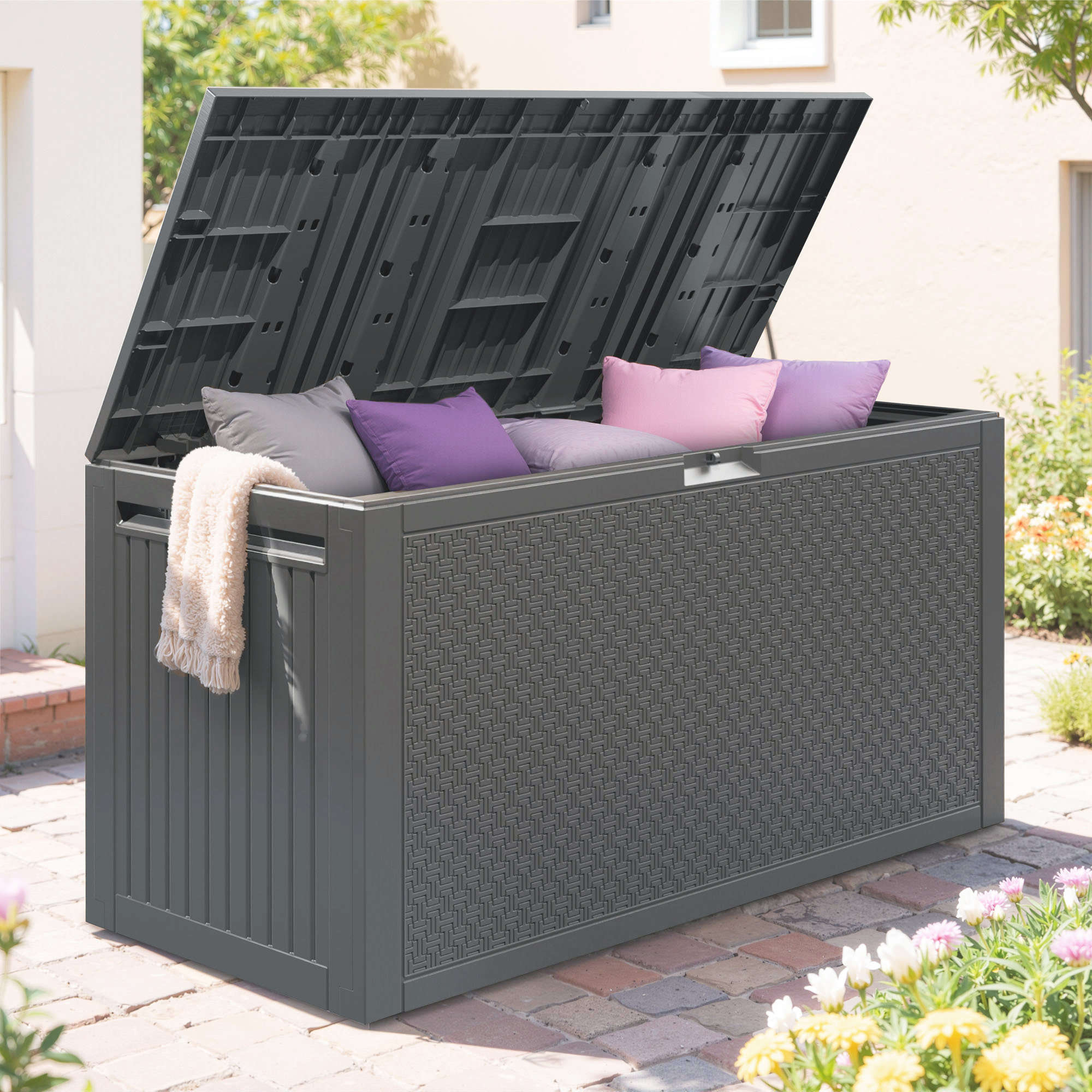 iYofe 90GAL Outdoor Resin Deck Box Maze Pattern, Patio Toy Storage ...