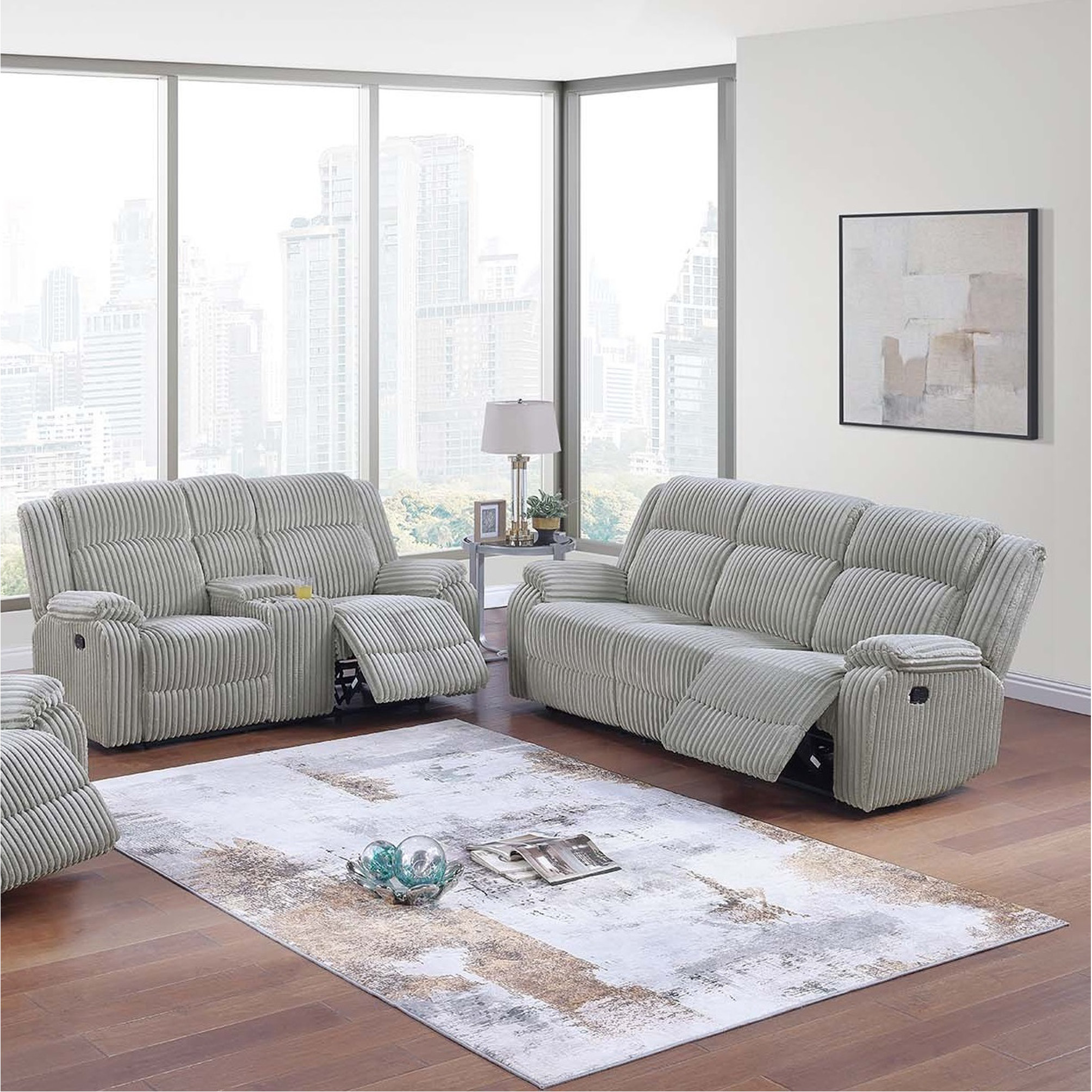 Everly Quinn Motion Sofa And Loveseat W Console Fur Like Corduroy 2Pc ...