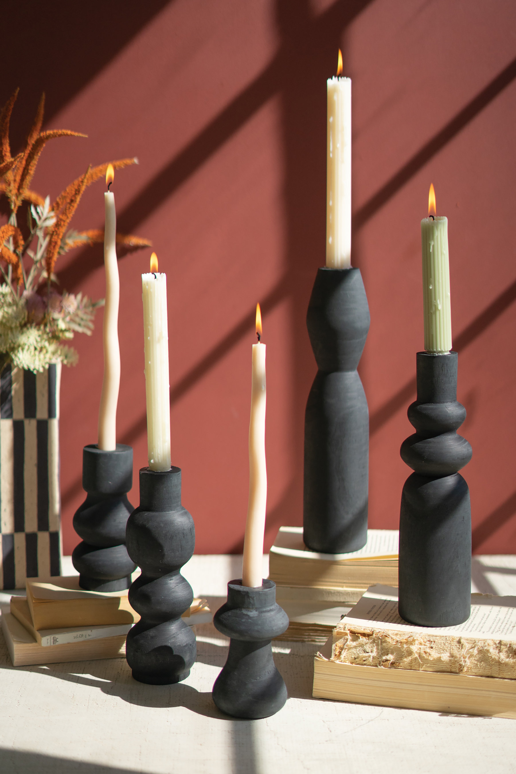 Wrought Studio™ SET OF FIVE CARVED BLACK WOOD TAPER CANDLE HOLDERS - Wayfair Canada