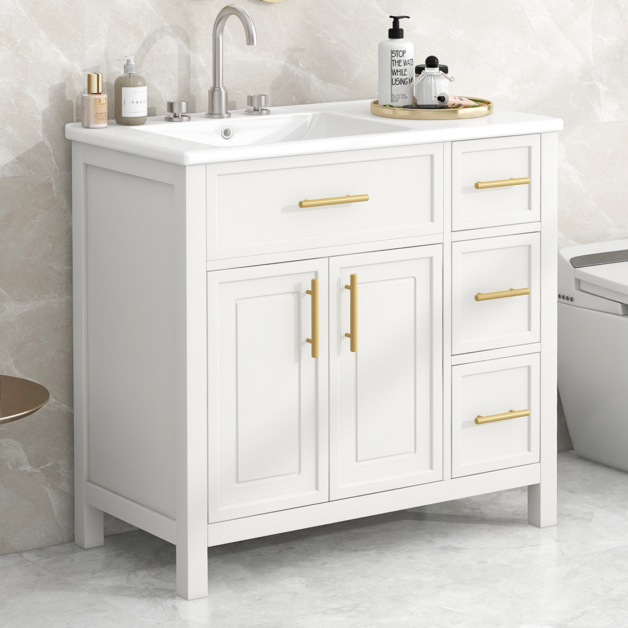 specool 36" Wooden Bathroom Vanity Cabinet With Sink Top,2 Doors And 3 ...