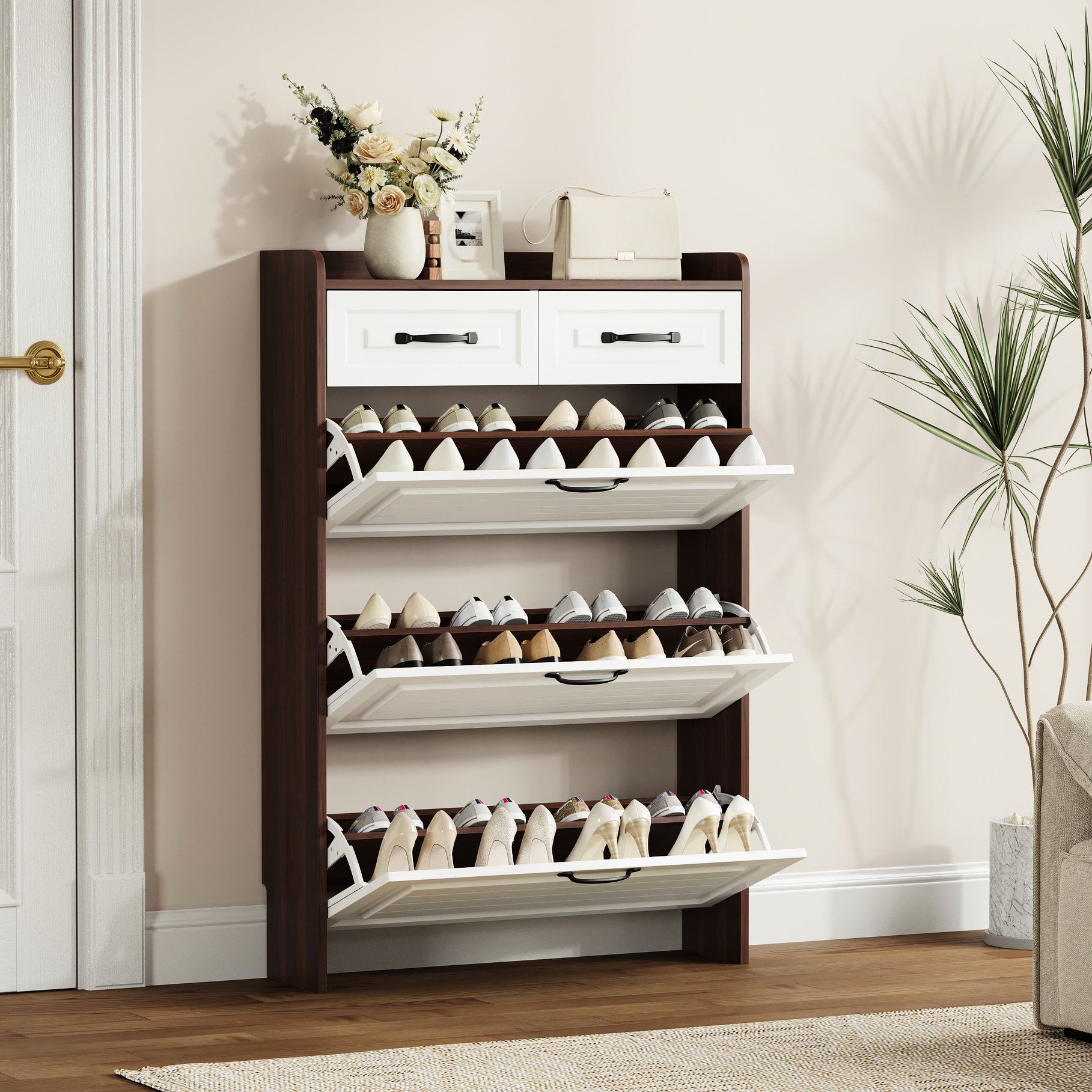 Winston Porter Walnut Colored Shoe Cabinet With 2 Drawers And 3 Flip ...