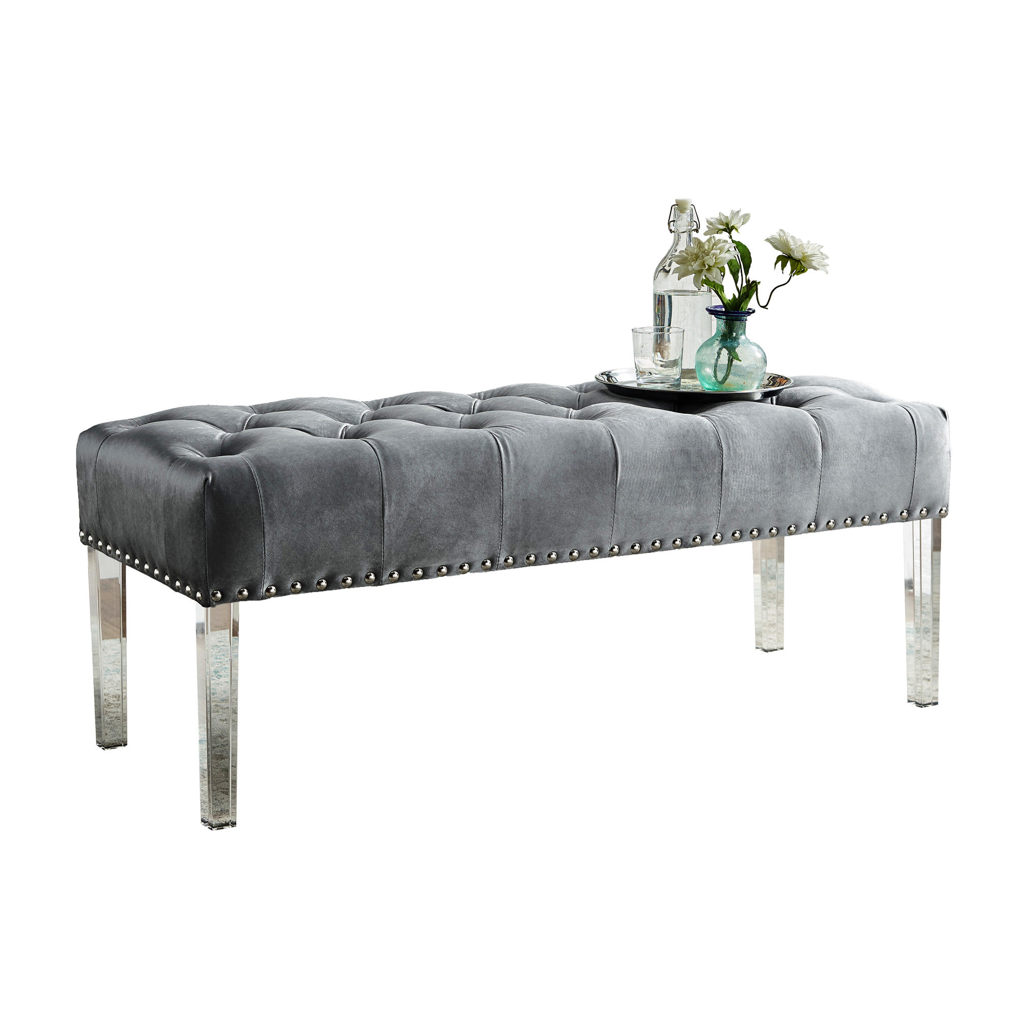 Mercer41 Valley Button Tufted Velvet Upholstered Bench With Acrylic Leg ...