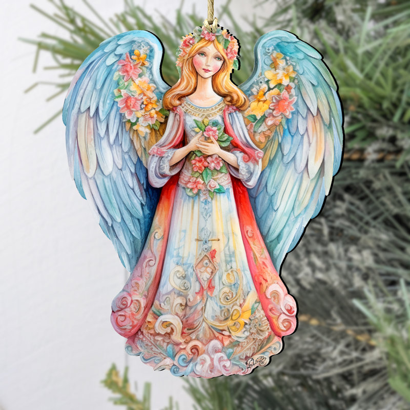 Designocracy Blue Floral Angel Wooden Ornament | Wayfair