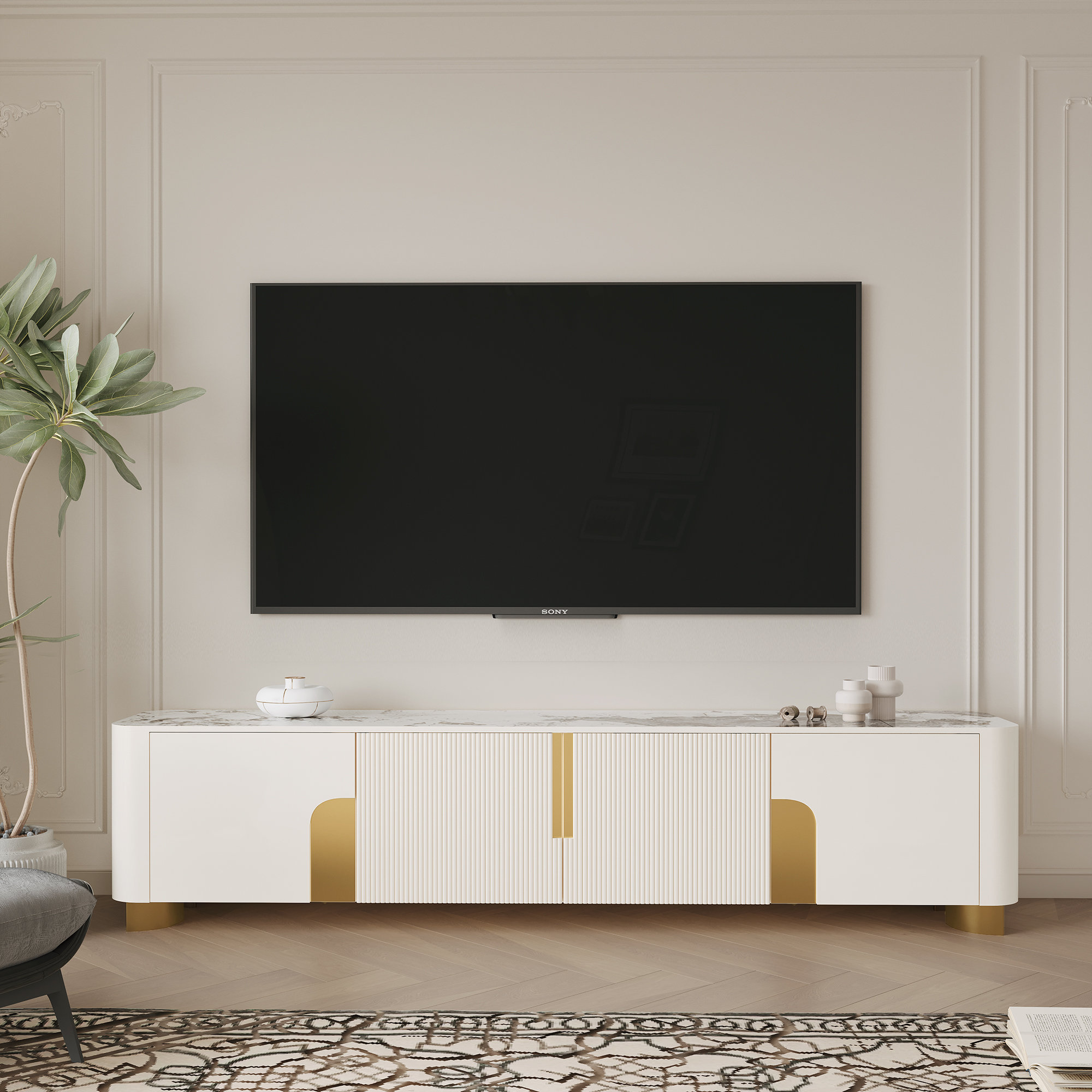 Everly Quinn Harkless No-Assembly Required, 78.74'' Modern Faux Marble ...