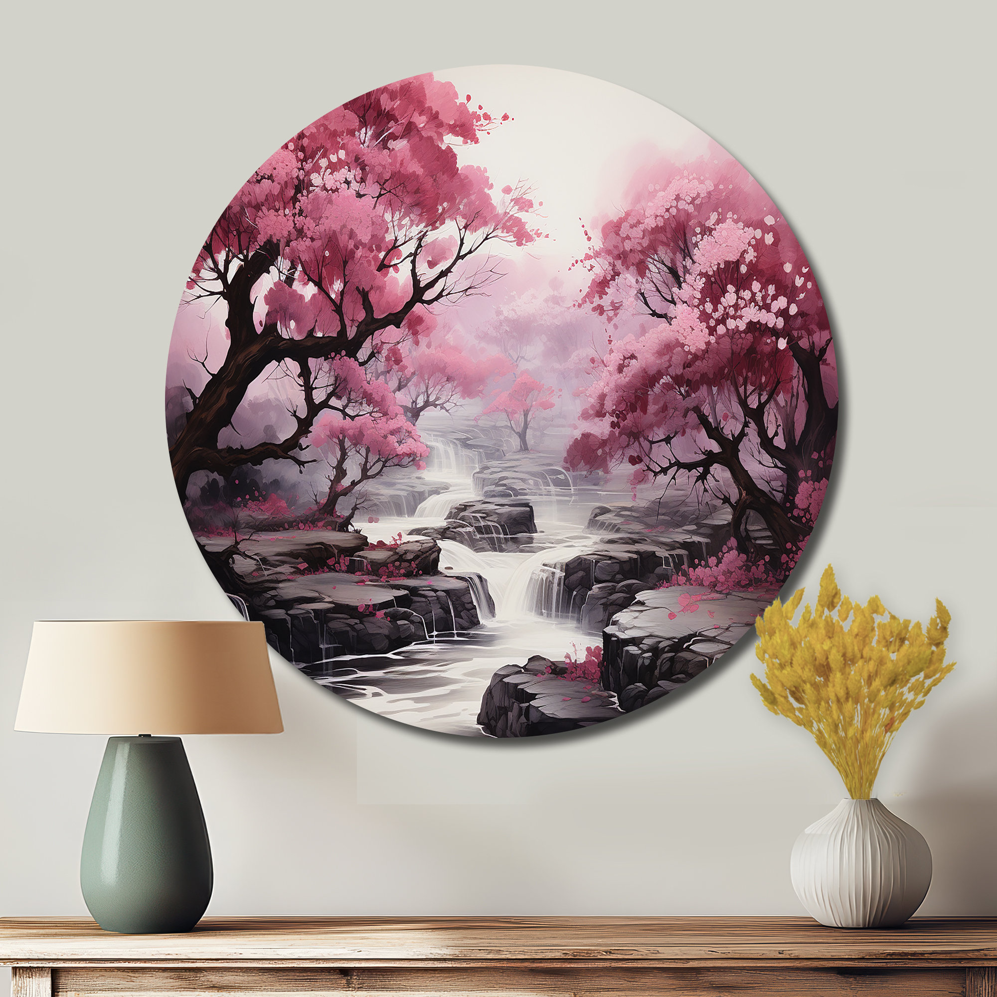 Design Art Pink Trees Waterfall Endless Journey - Landscapes Round ...