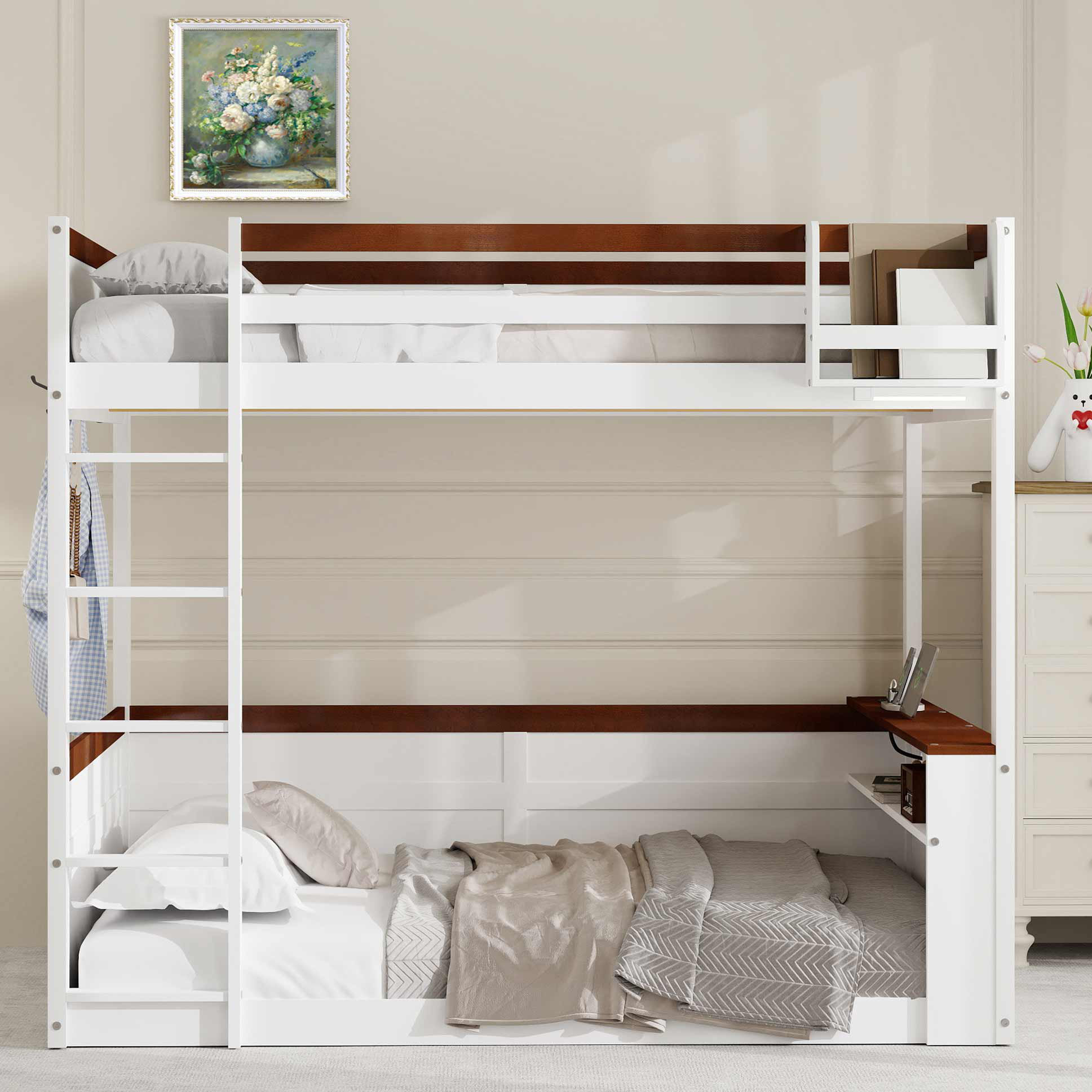Harriet Bee Multi-Functional Queen Bunk Bed With Built-In Shelves, Bunk ...