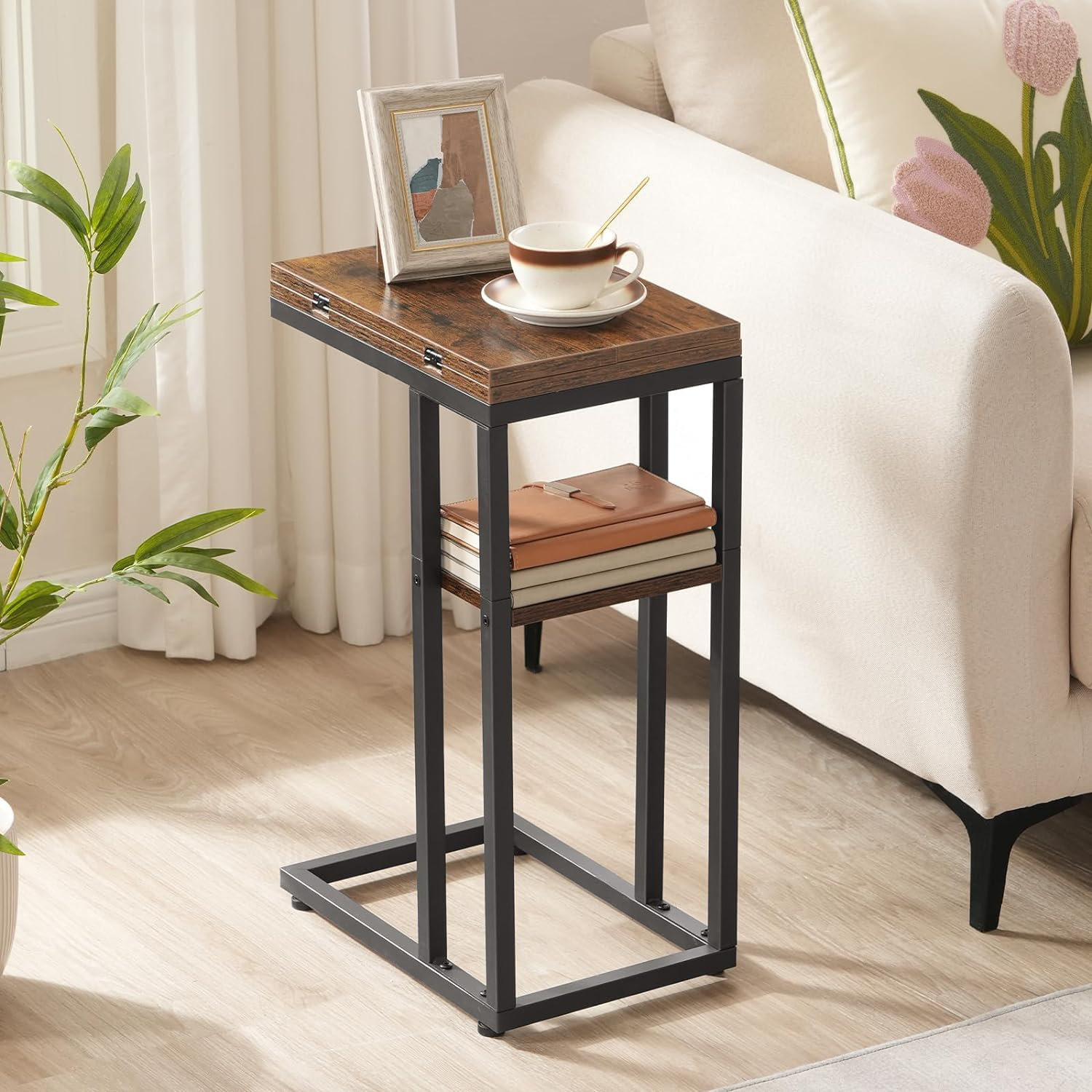 17 Stories Foldable End Table, C Shaped Side Table with Storage Shelf ...