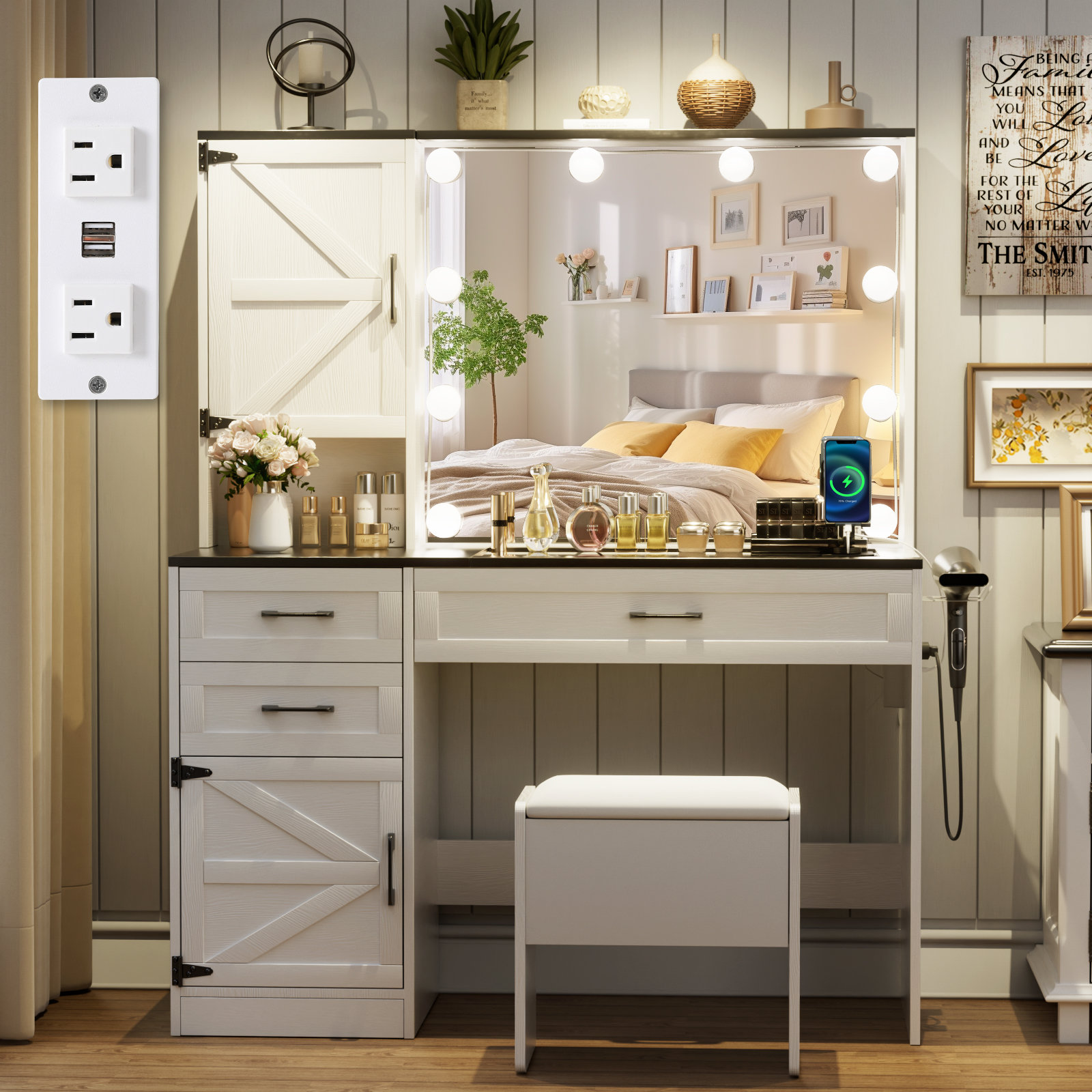 Ebern Designs Nastasha Vanity Set with Glass Top and Outlets & Reviews ...