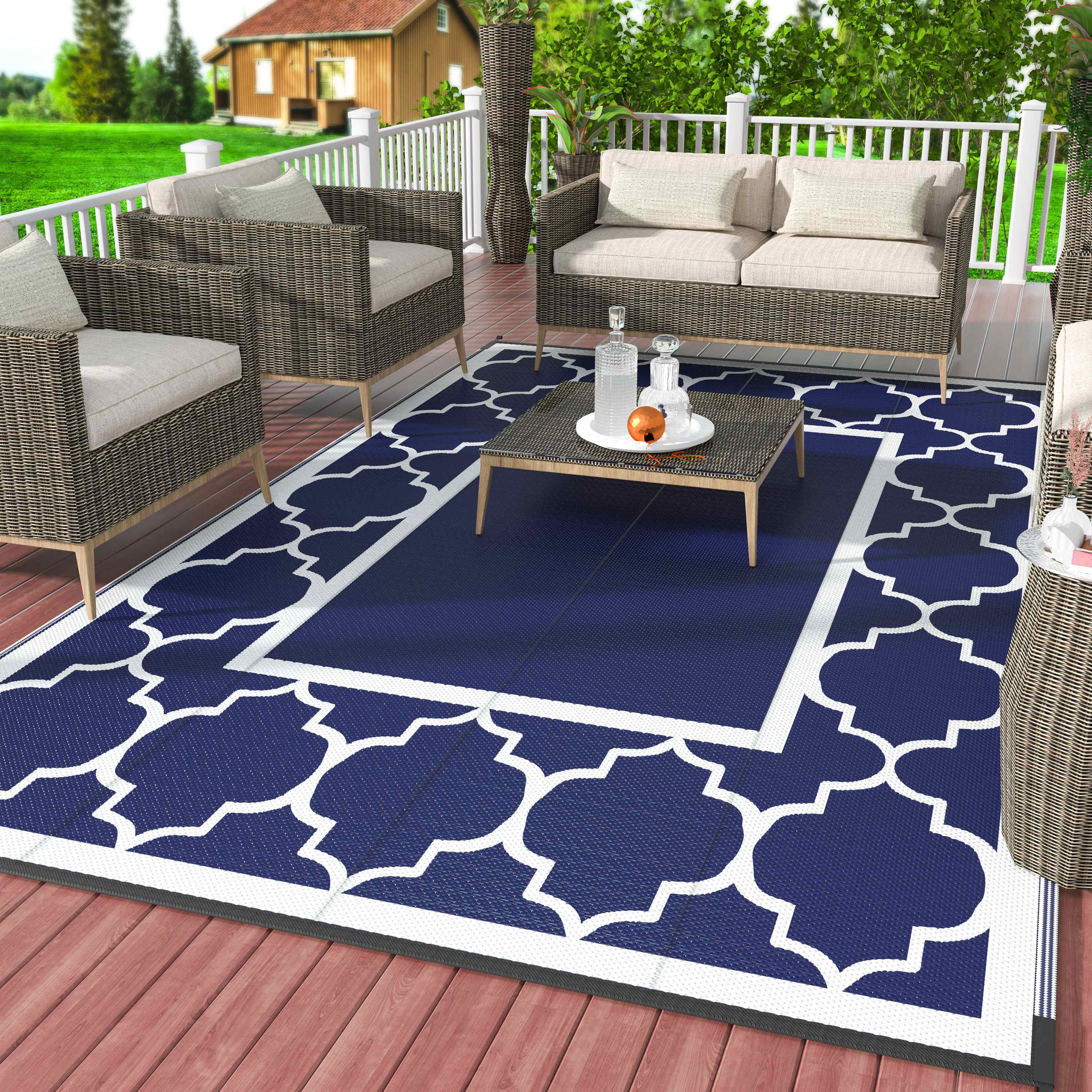 Winston Porter Reversible Blue & White Geometric Waterproof Outdoor Mat ...