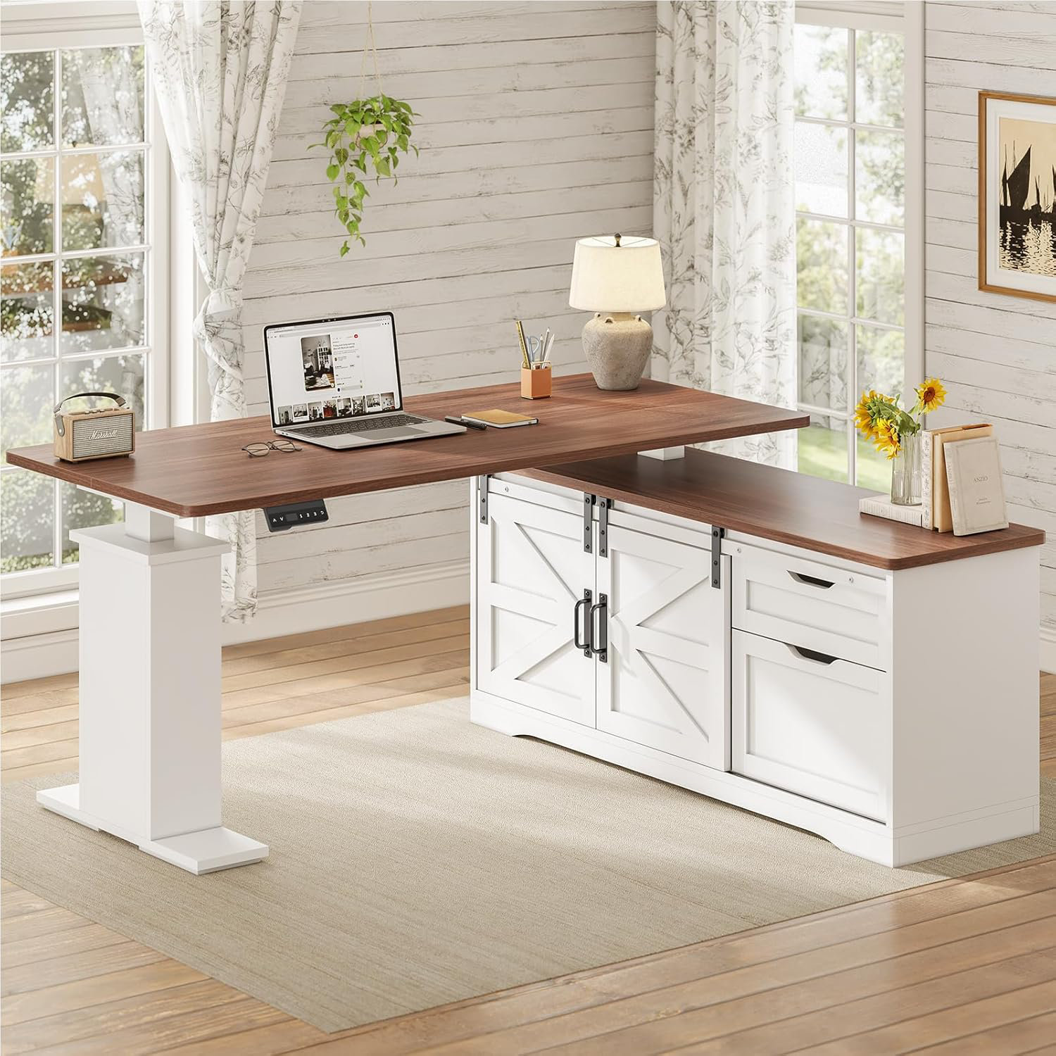 Inbox Zero Farmhouse L Shaped Standing Desk, 55 Inch Height Adjustable ...